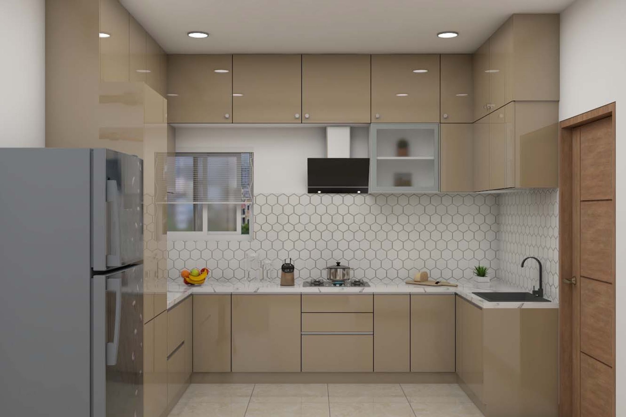 Minimalist White And Beige Kitchen Tile Design | Livspace