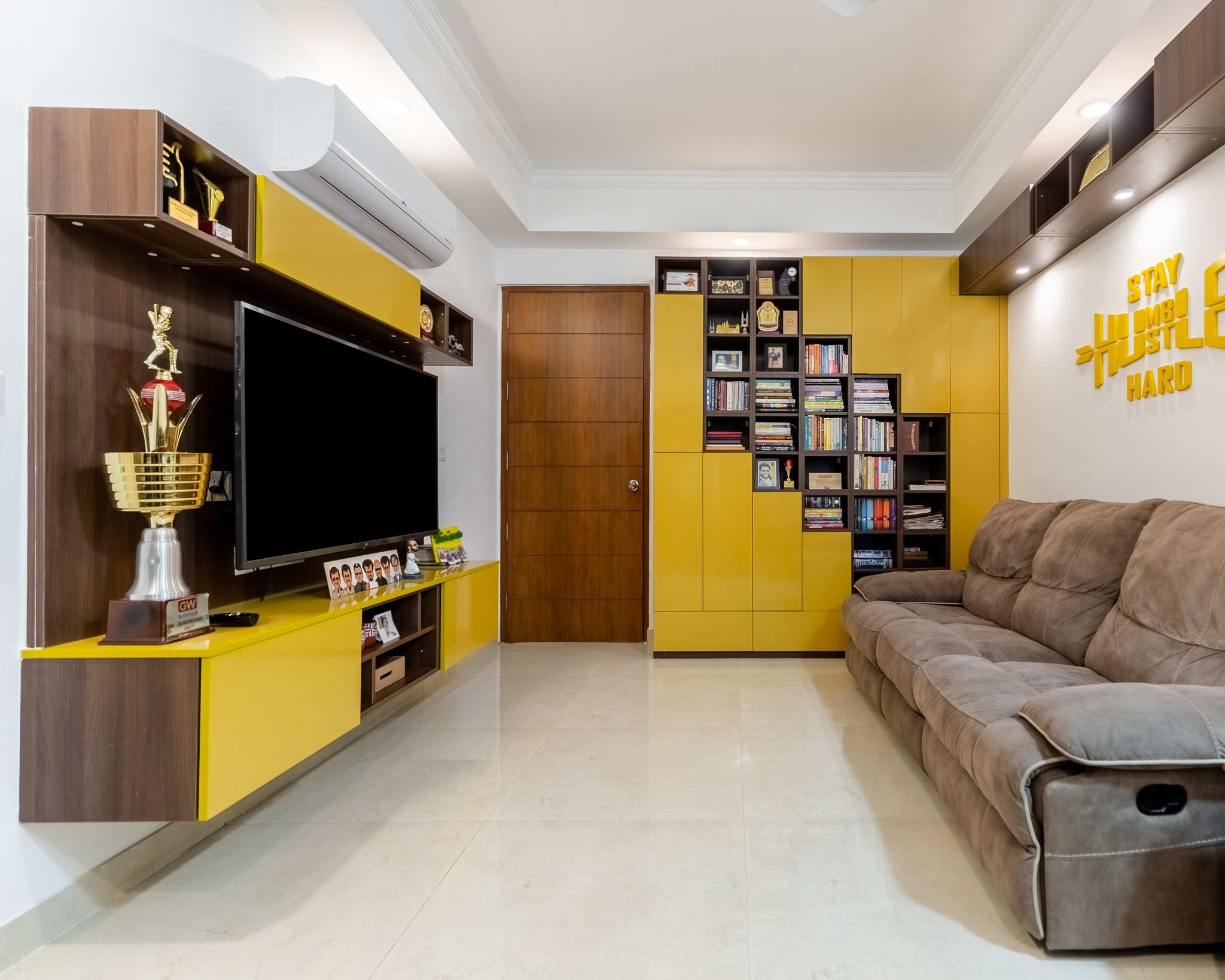 Hard-Wearing Living Room Tile Design In Neutral Colours | Livspace