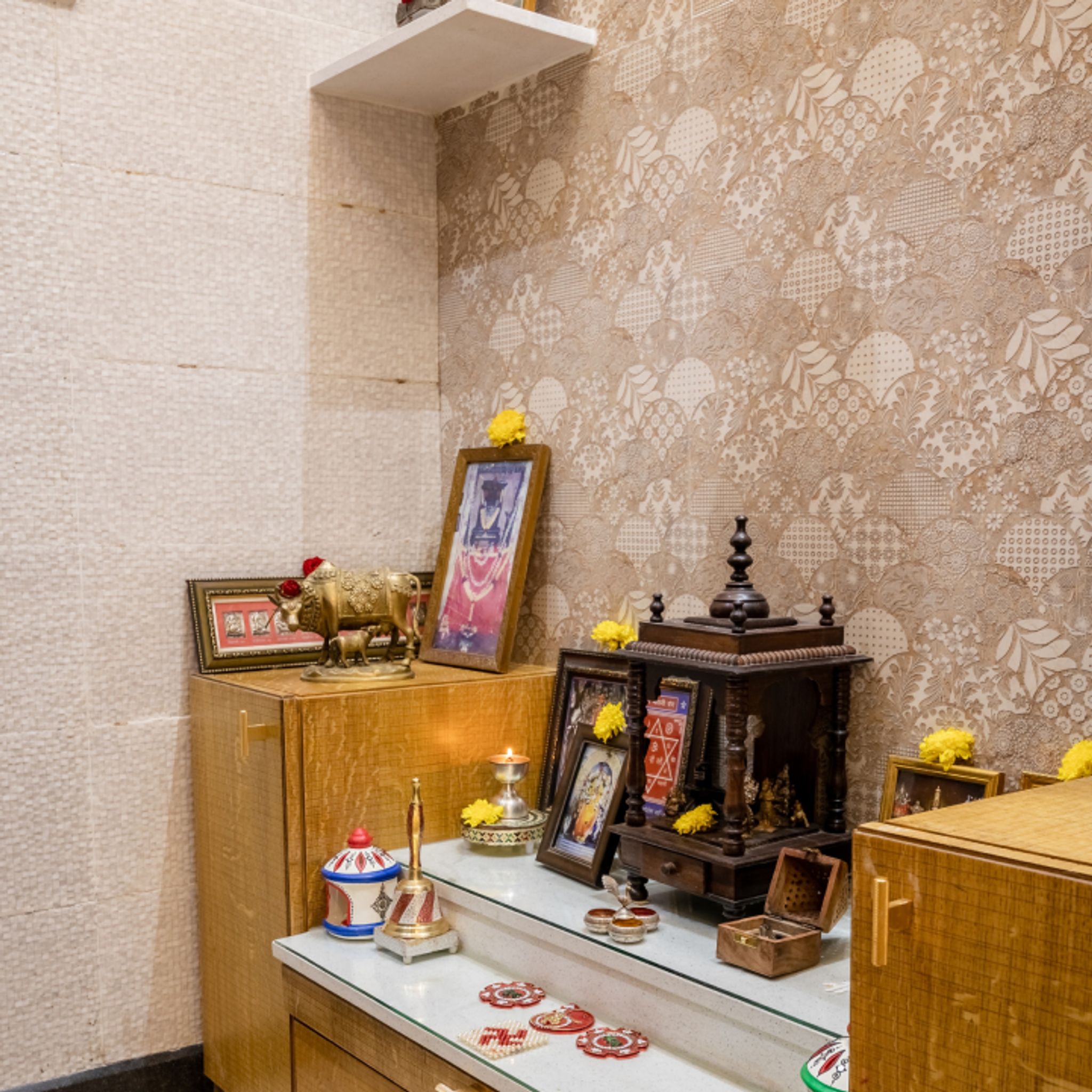 Beige Abstract Fishtail Wallpaper Design For Pooja Rooms And Foyer ...