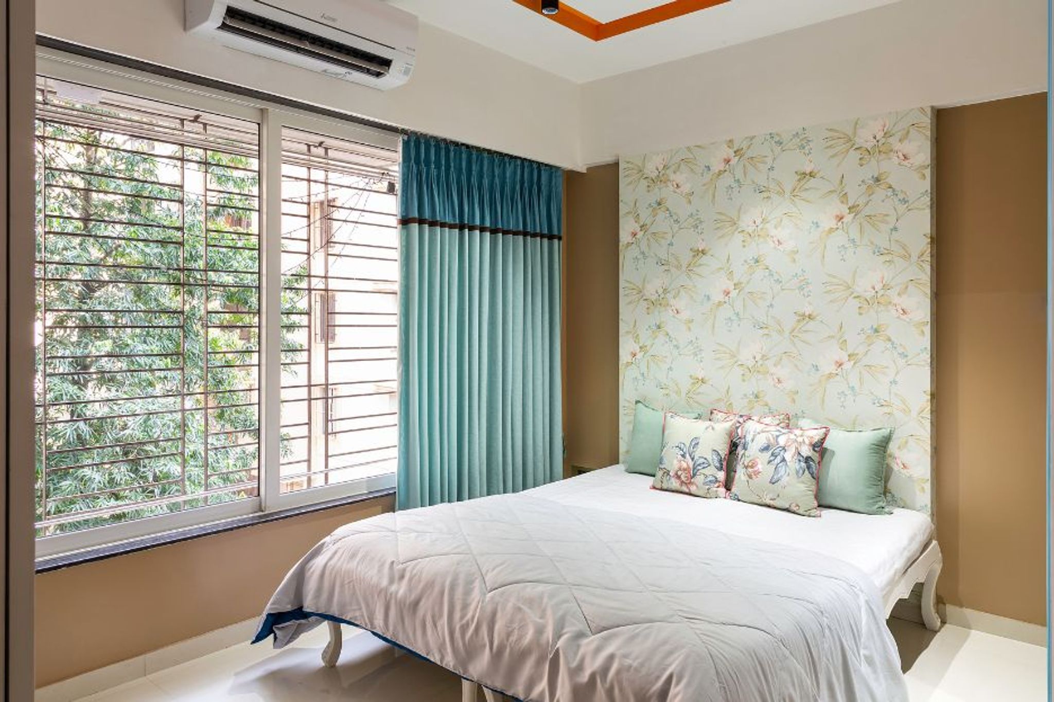 Sliding UPVC Window Design With Green Curtains | Livspace