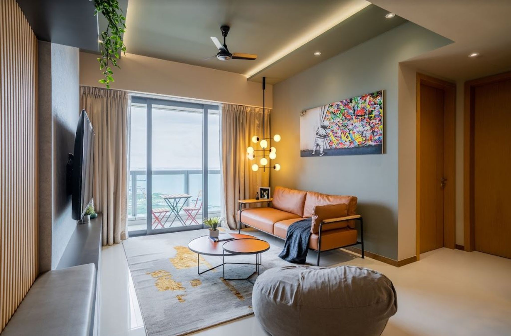 Olive Green False Ceiling With Pendant Lights | Livspace