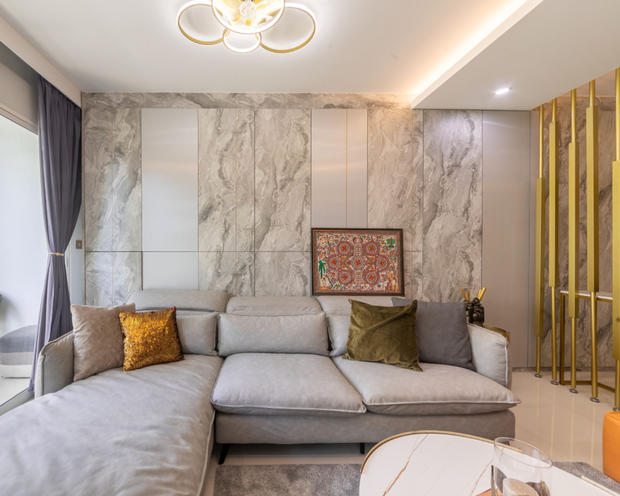 L-Shaped False Ceiling Design With Chandelier - Livspace