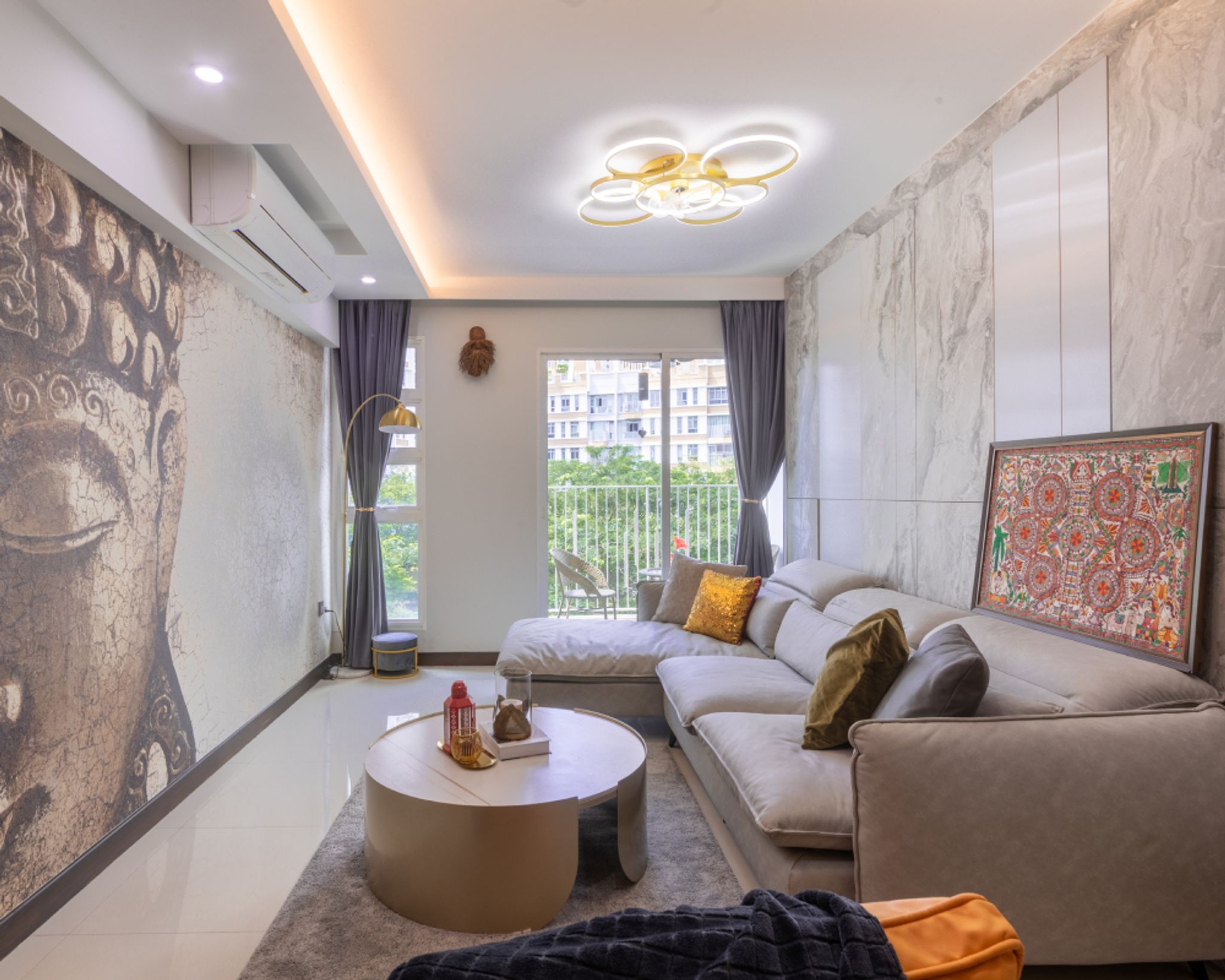 L-Shaped False Ceiling Design With Chandelier - Livspace