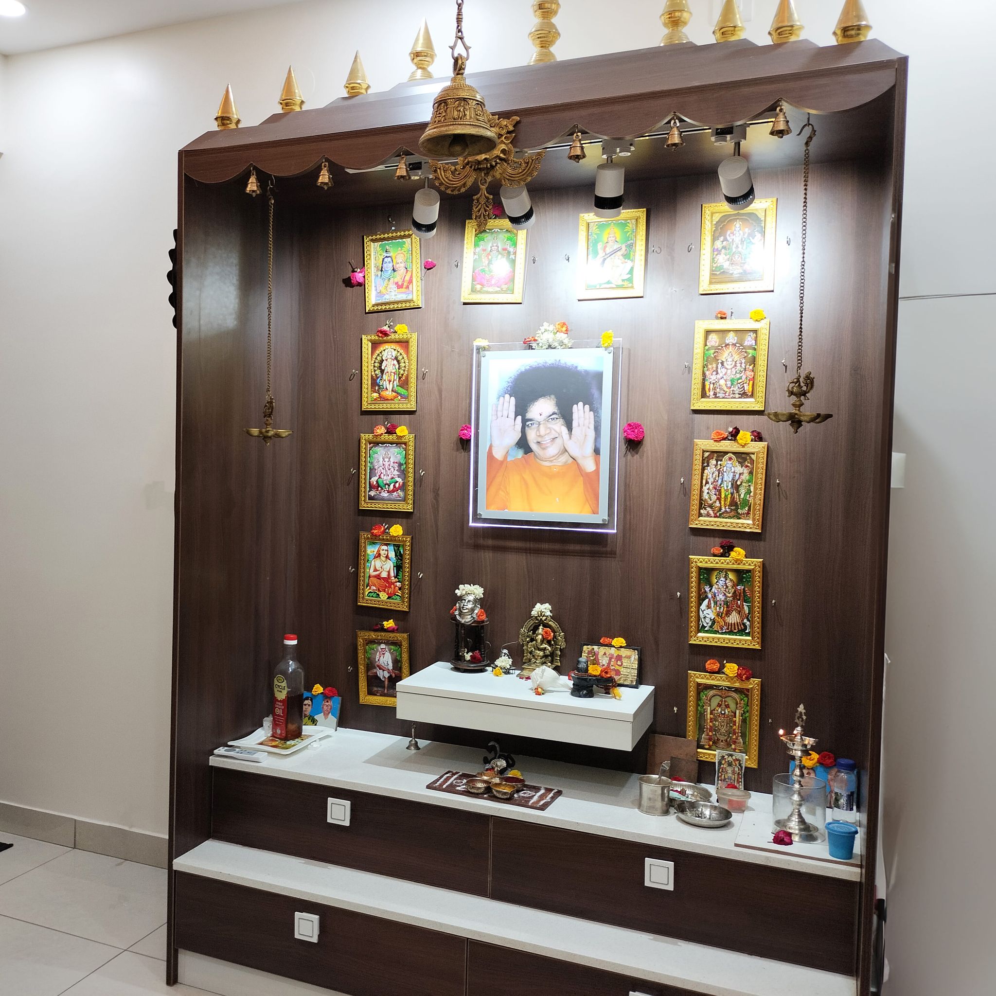 Pooja Unit Design with Contemporary Drawer Storage and Floor Mount ...