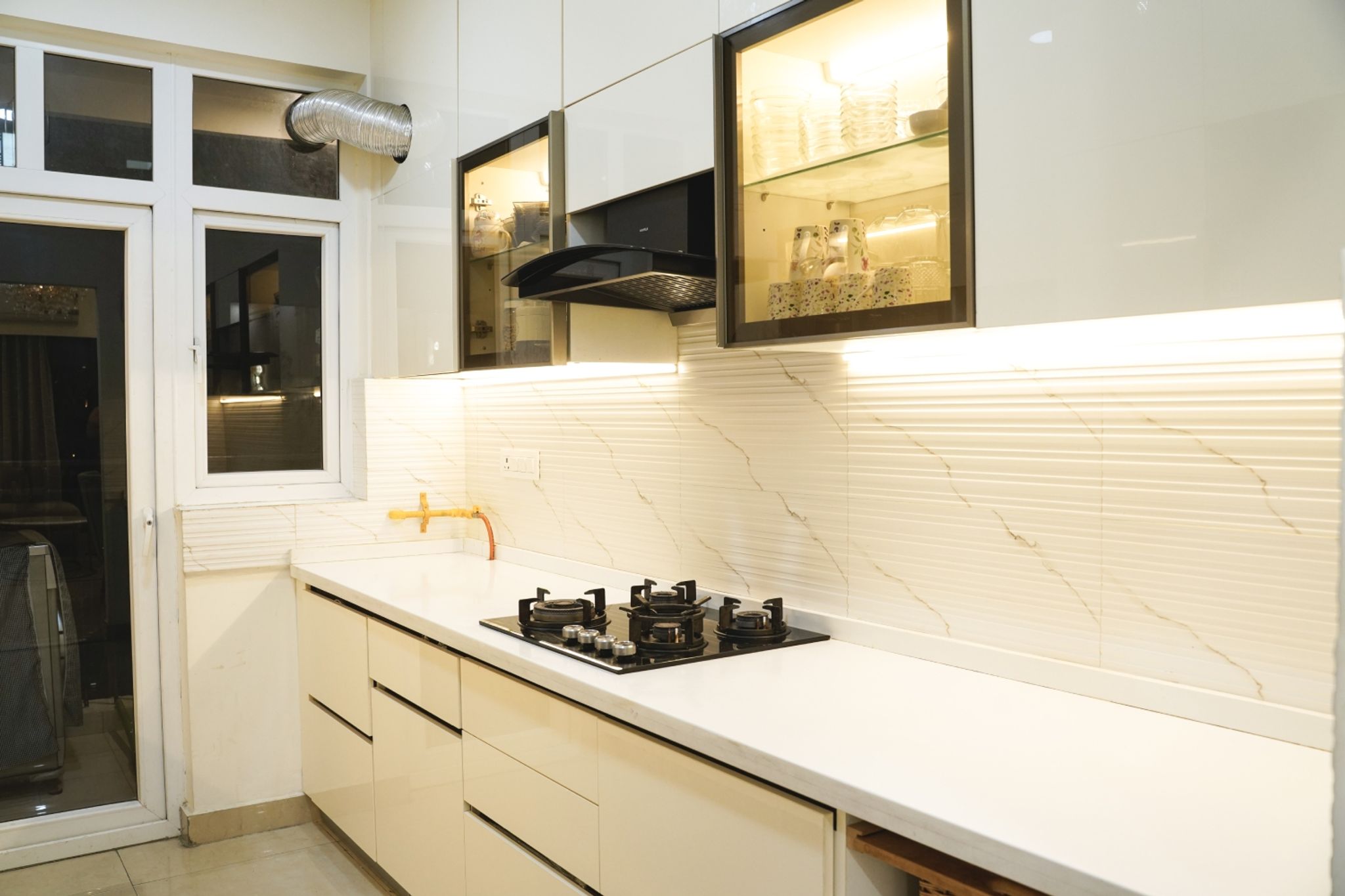 Parallel Kitchen Design with Minimal Style, Champagne Colour and Quartz ...