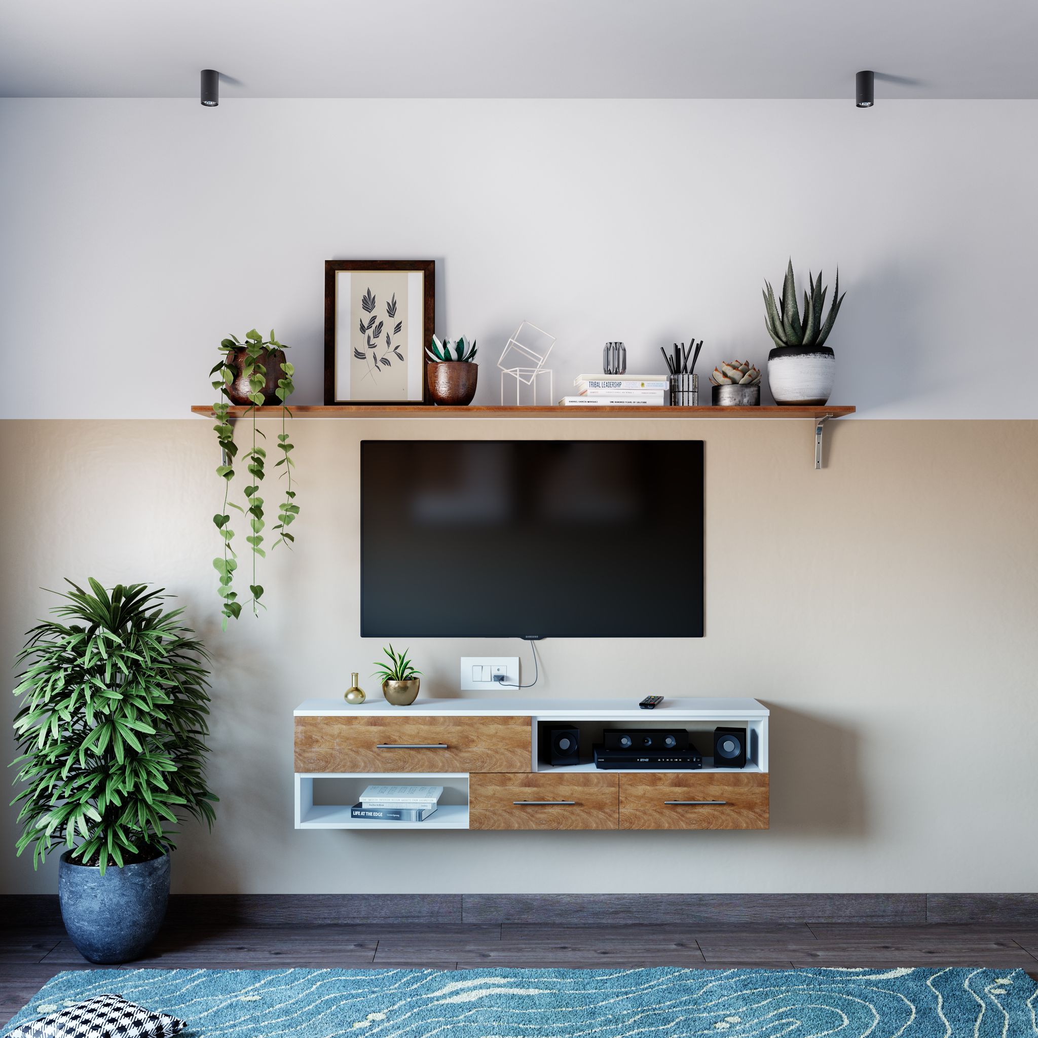 Compact Wall-Mounted TV Unit Design With Open Storage | Livspace
