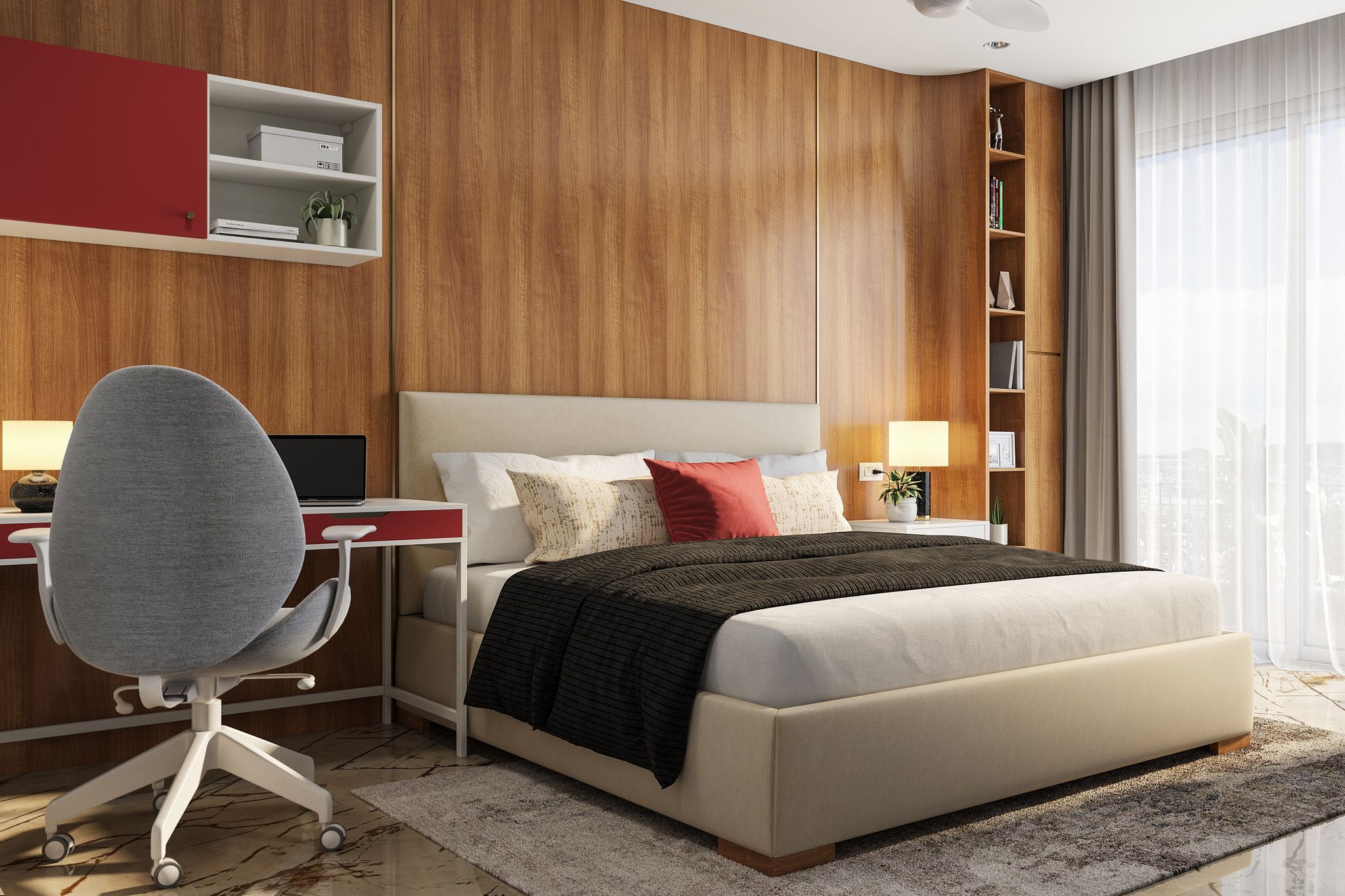 Master Bedroom Design With Wooden Accent Wall And Cream-Cushioned Bed ...