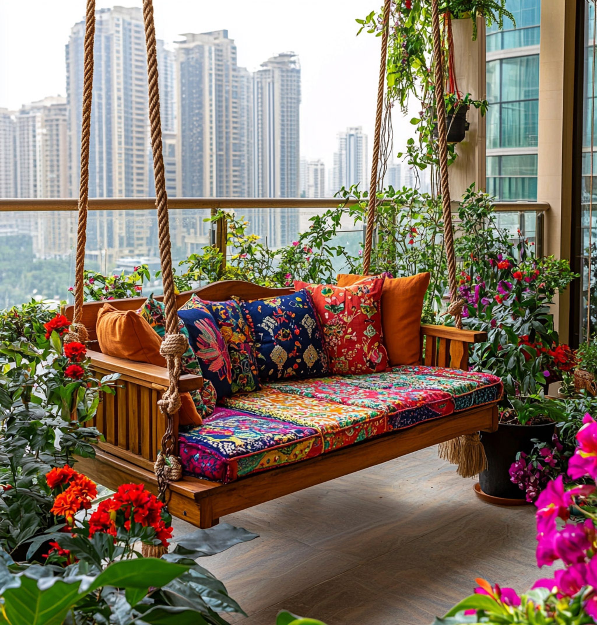 Modern Balcony Design Featuring Plants, Swing, and Bright Floral ...