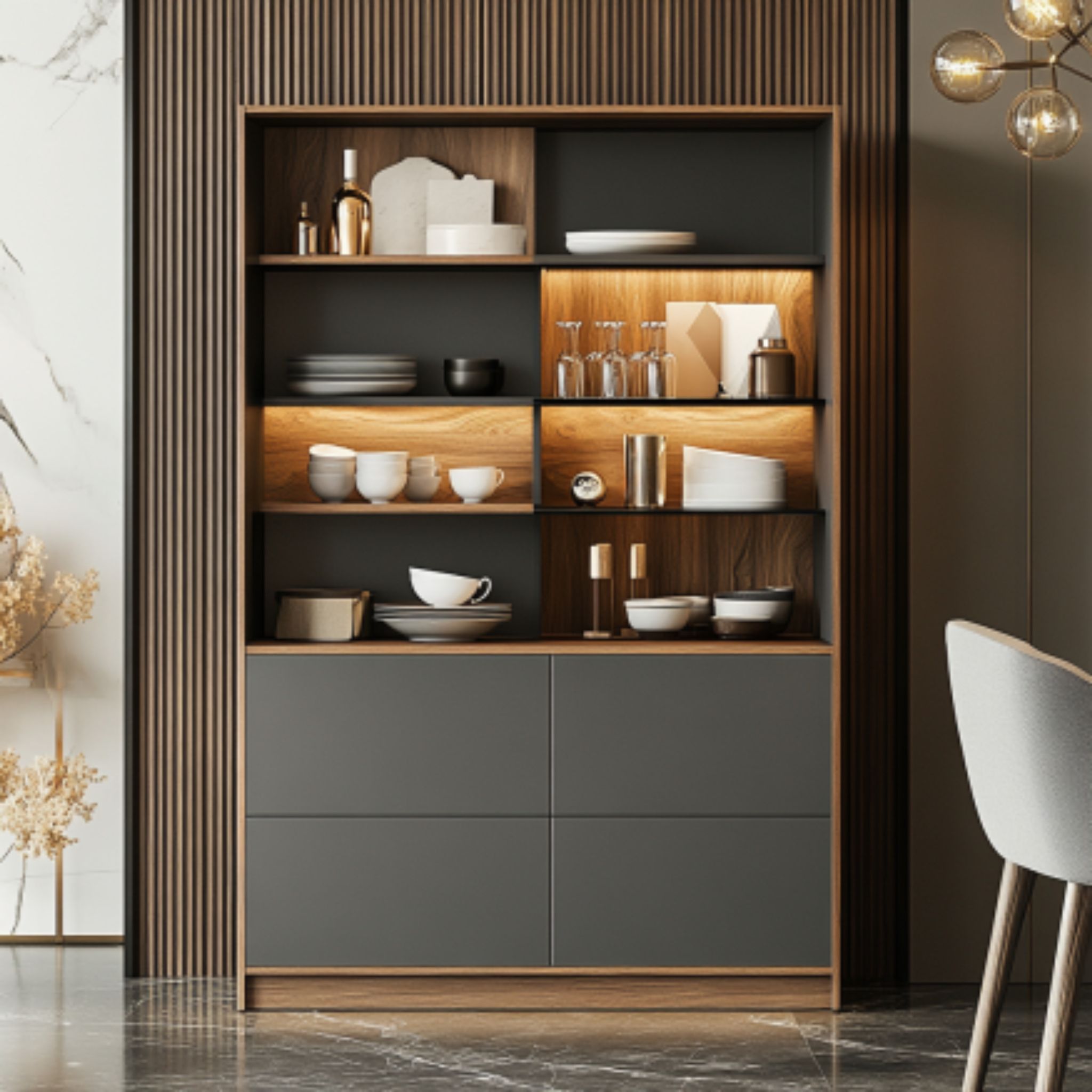Minimal Crockery Unit Design with Open Storage and Suede Finish ...