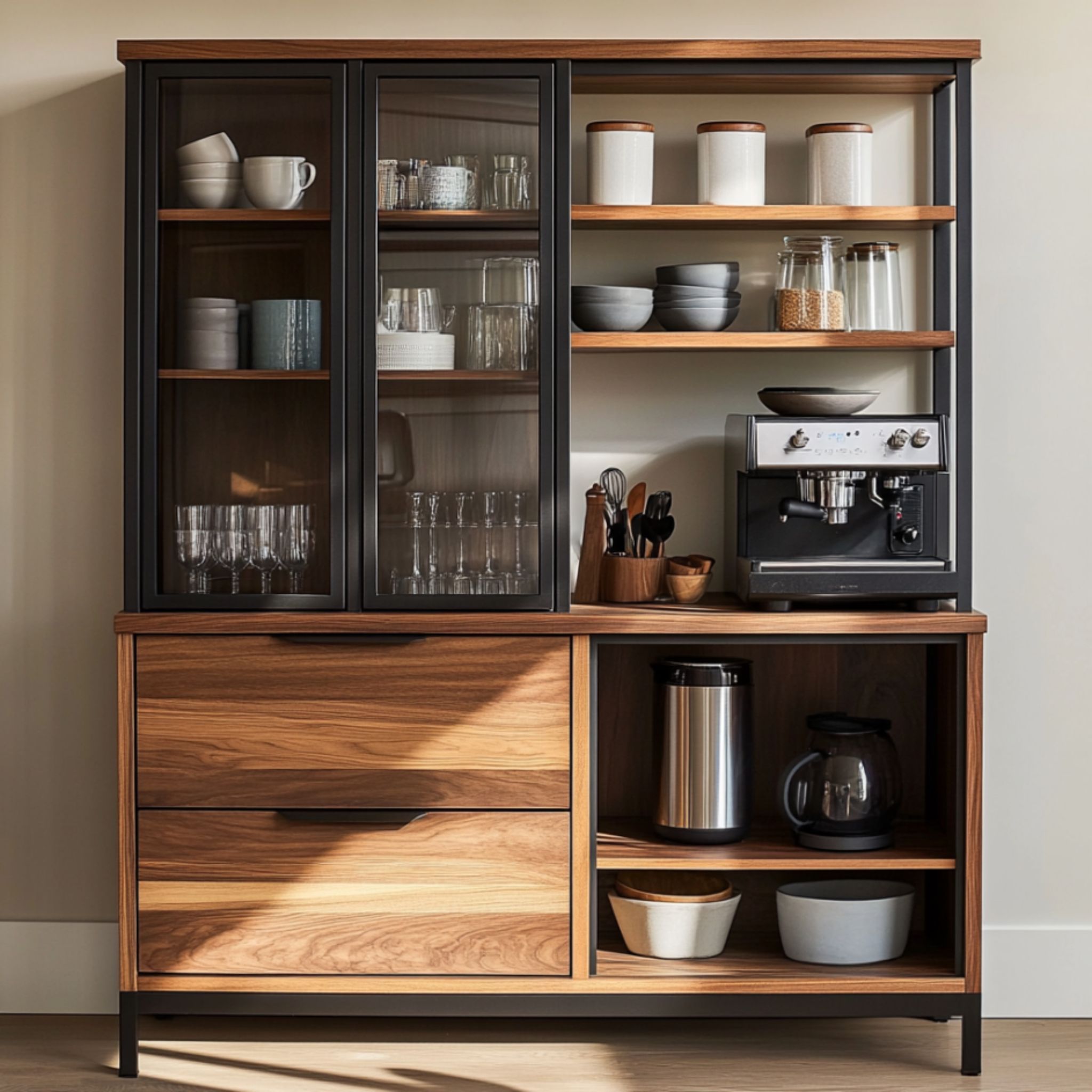 Modern Crockery Unit Design with Cabinets, Drawers, and Open Shelving ...