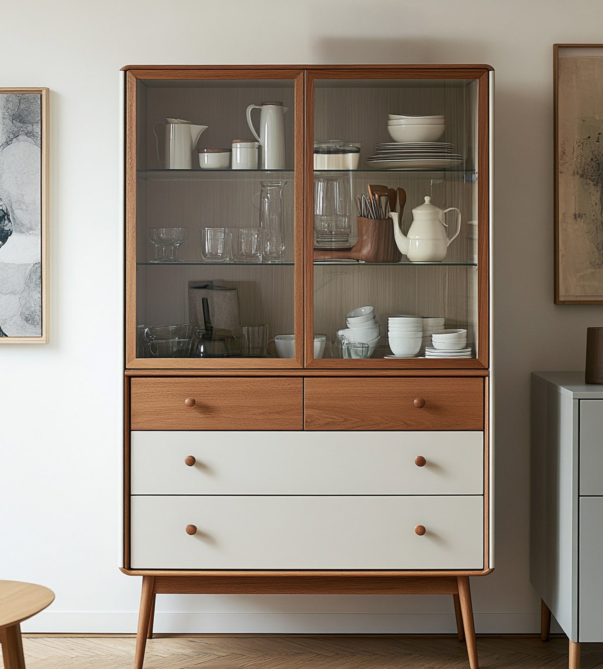 Walnut and White Modern Crockery Unit Design with Drawer Storage and ...