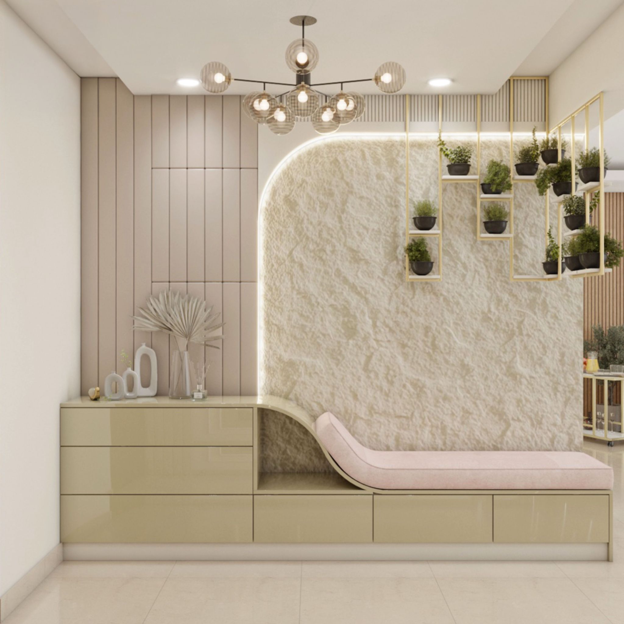 Contemporary Foyer Design With Curved Bench, Planters, and Cove ...