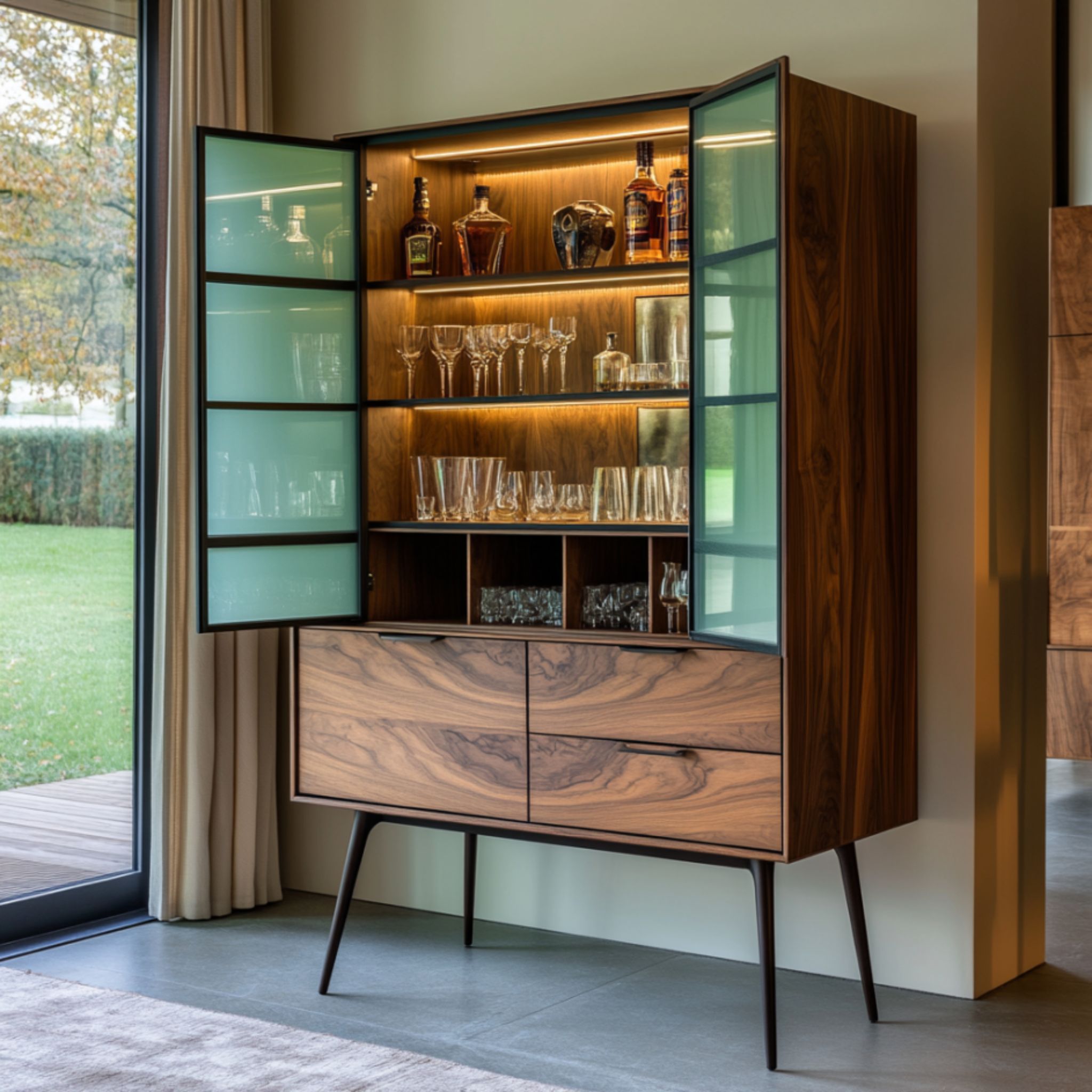Mid-Century Modern Home Bar Design With Display Cabinets and Storage ...