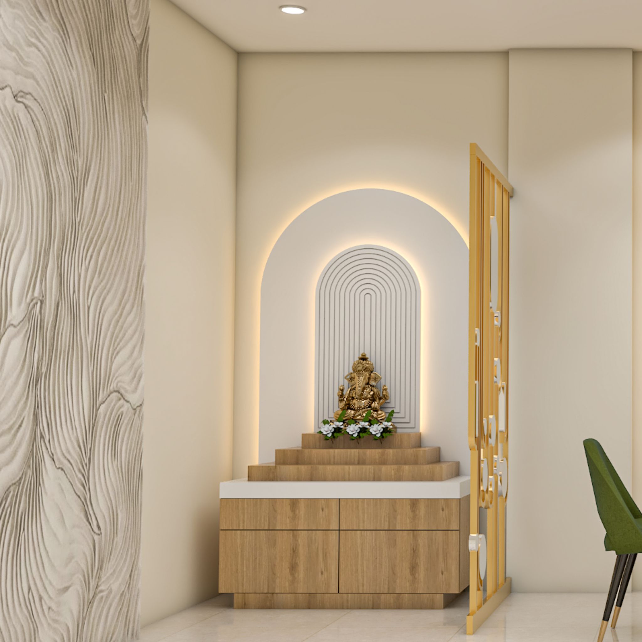 Modern Floor-Mounted Pooja Unit Design in White and Teak with Arch ...