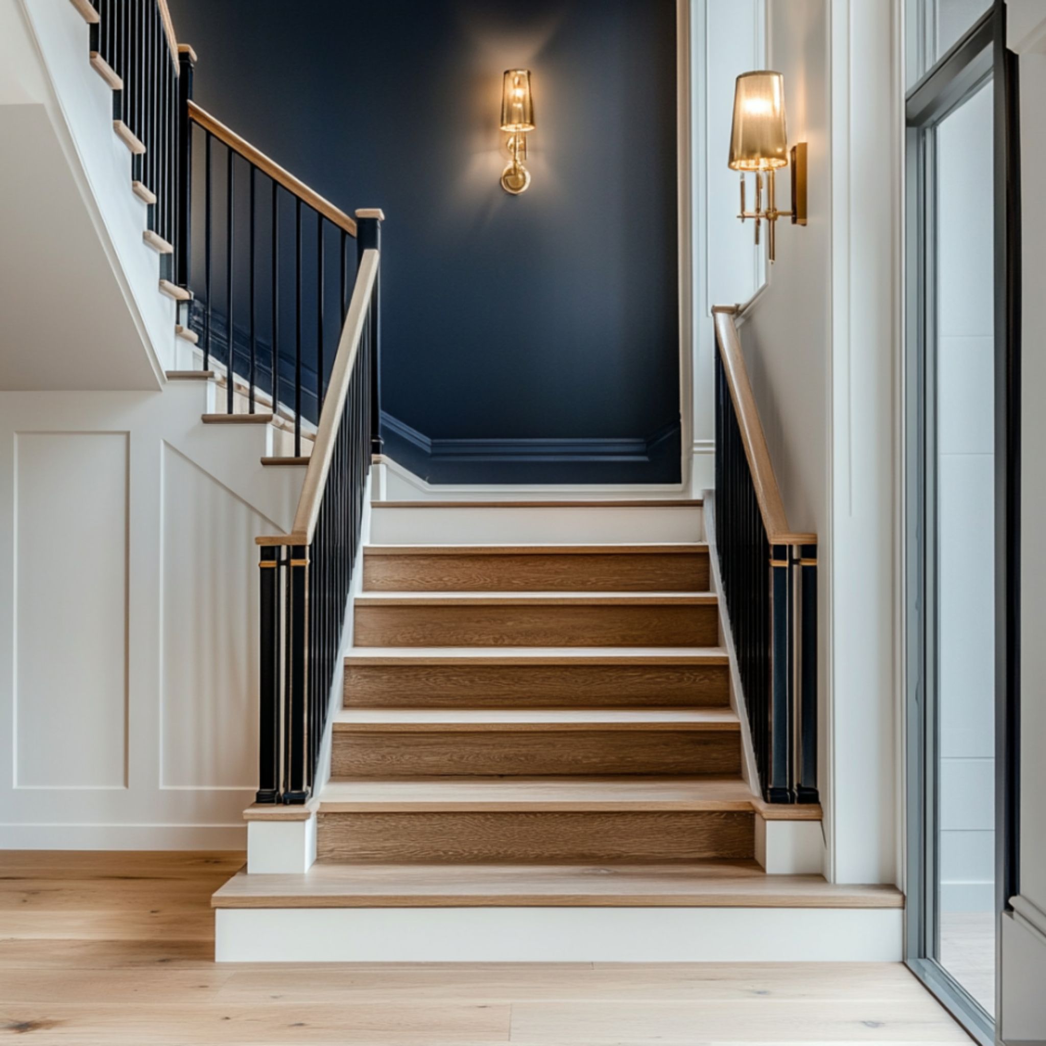 L-Shaped Staircase Design with Wooden Steps and Classic Metal Railing ...
