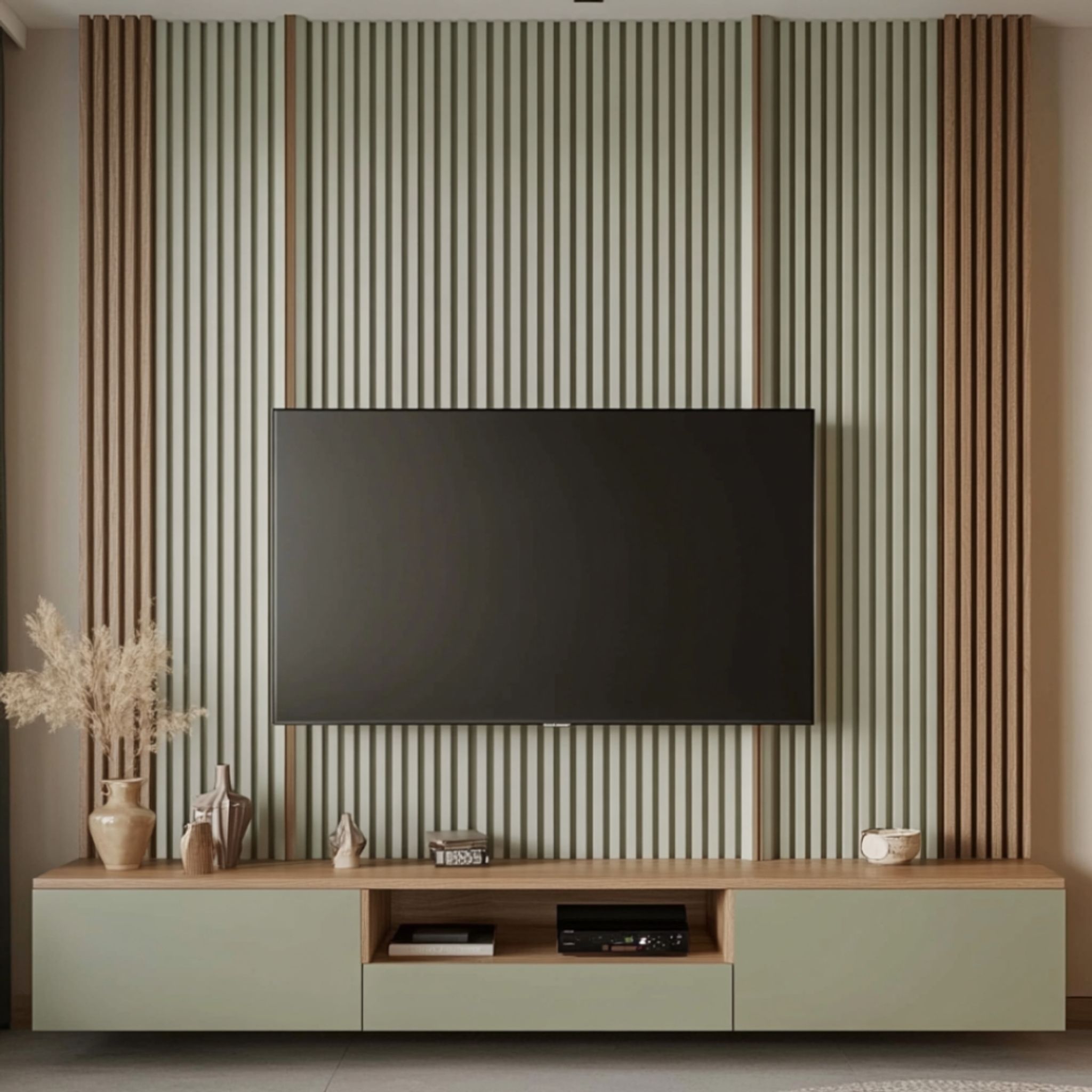 Modern TV Unit Design with Vertical Slat Design and Open Shelves | Livspace