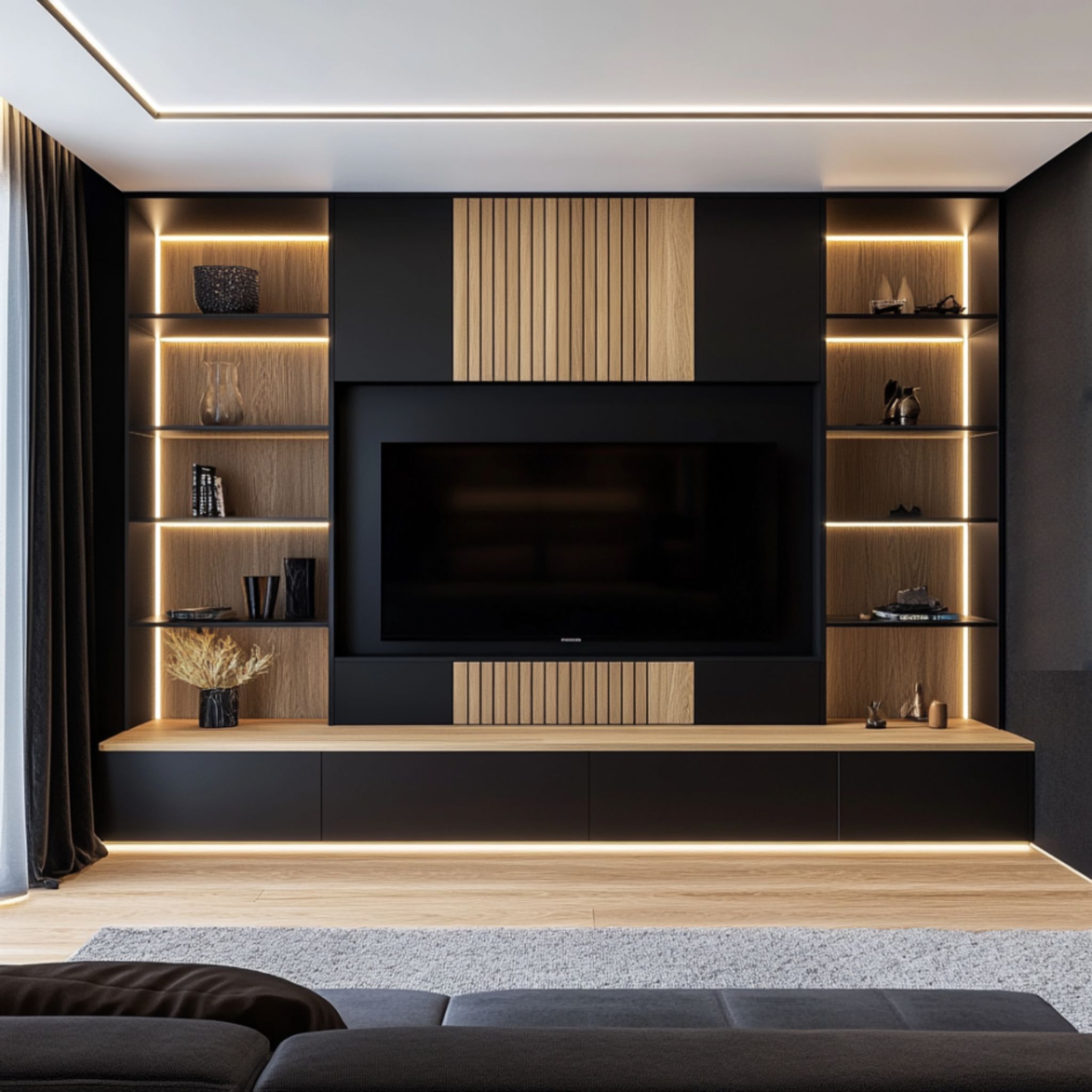 Black Modern Wall-mounted TV Unit Design with Open Shelves and Cabinets ...