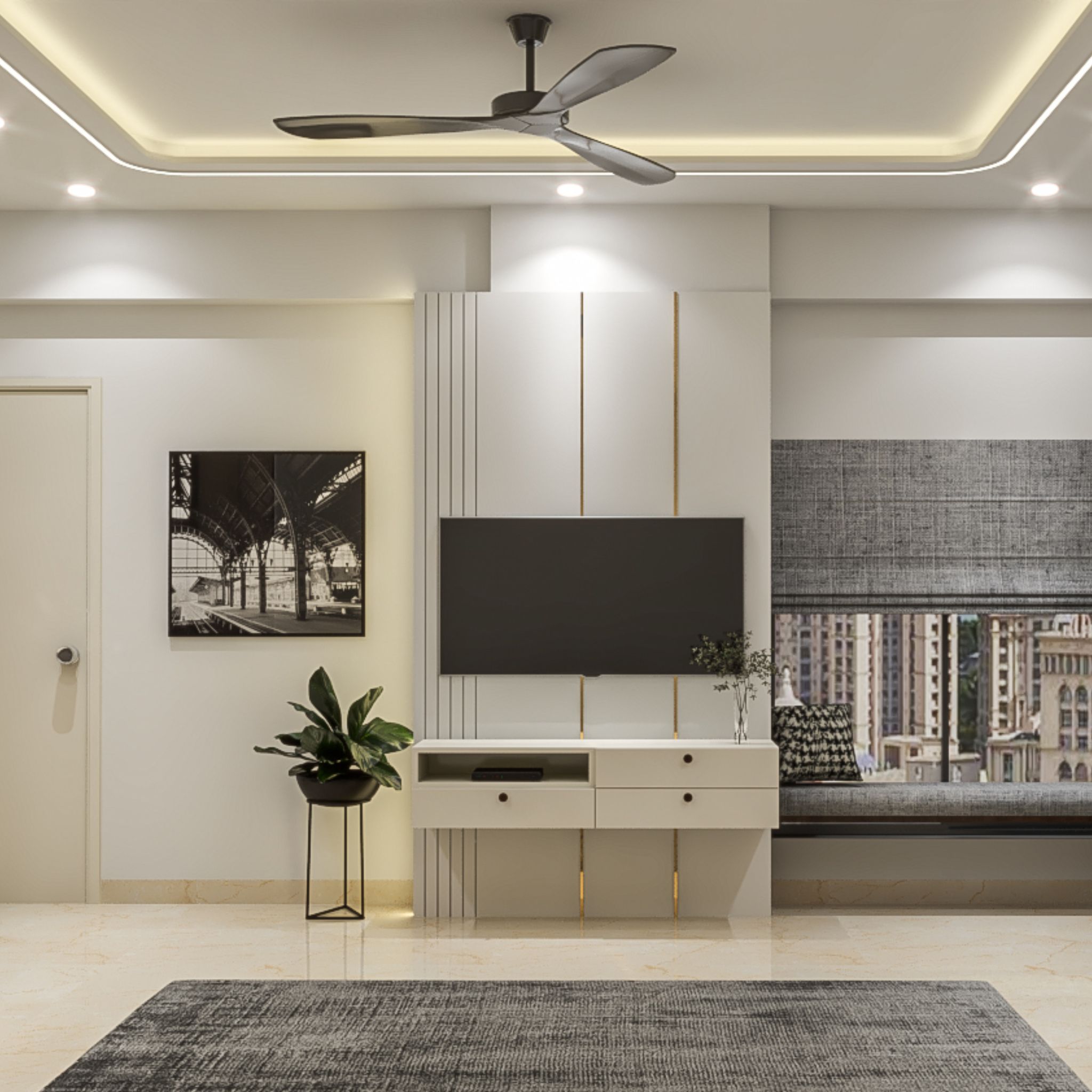 Contemporary White TV Unit Design with Integrated Drawers and Cabinets ...