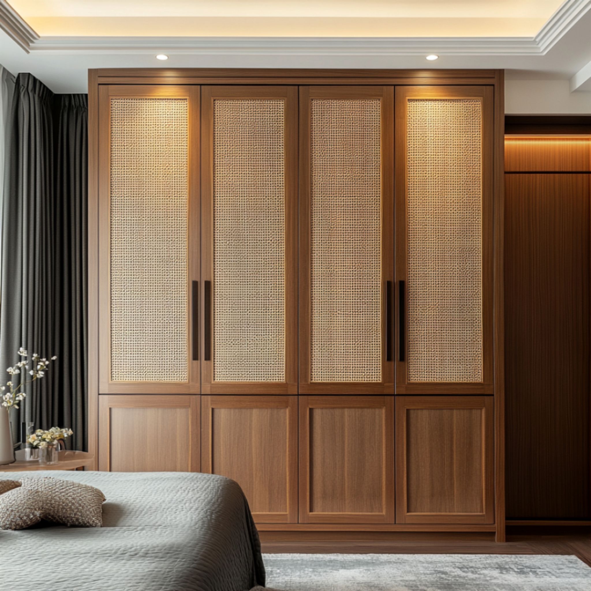 4-Door Modern Swing Wardrobe Design with Natural Cane Shutters and ...
