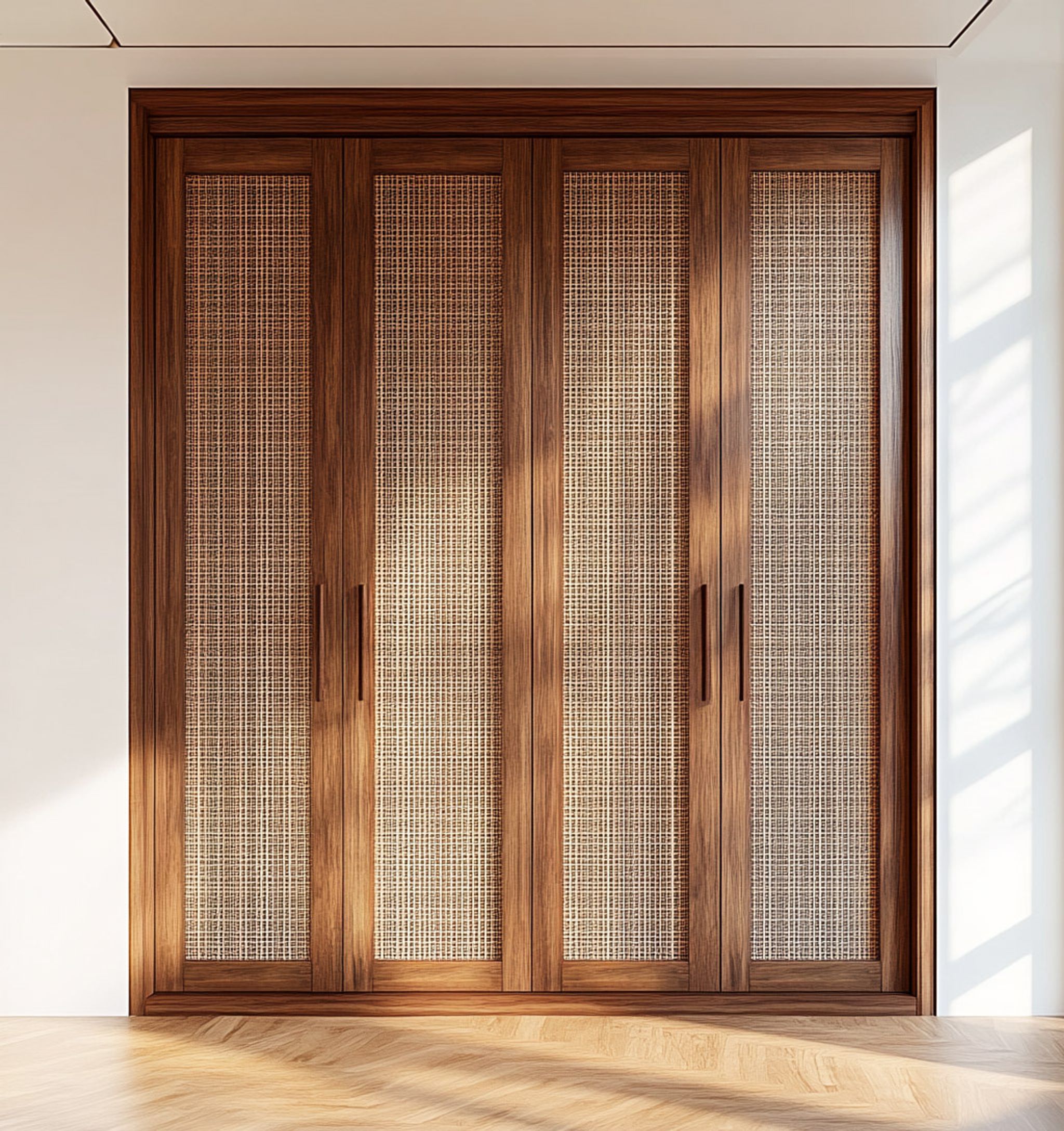 Bohemian 4-Door Swing Wardrobe Design in Walnut Bronze with Cane Panels ...