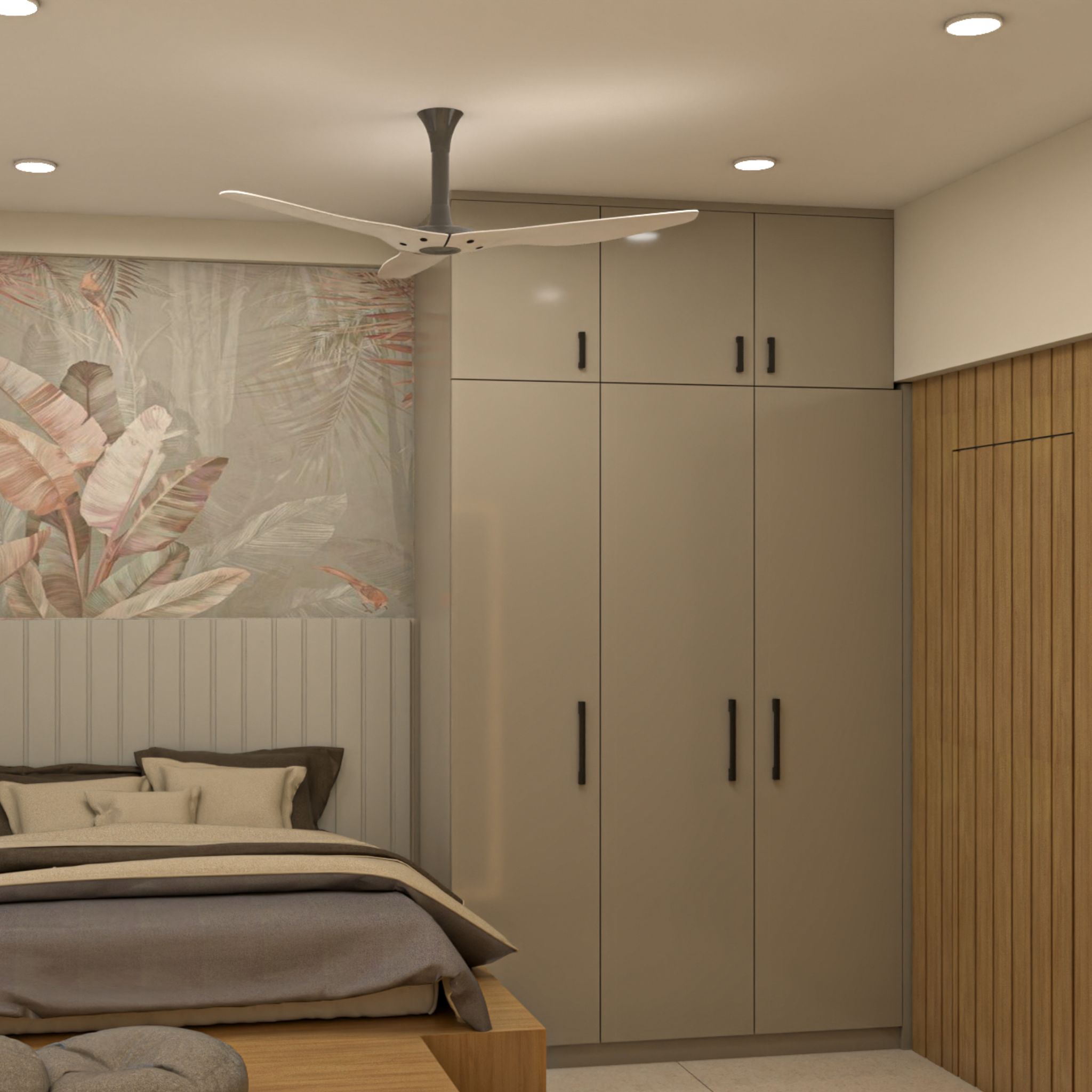 Grey Modern Swing Wardrobe Design With Vertical Storage and Overhead ...