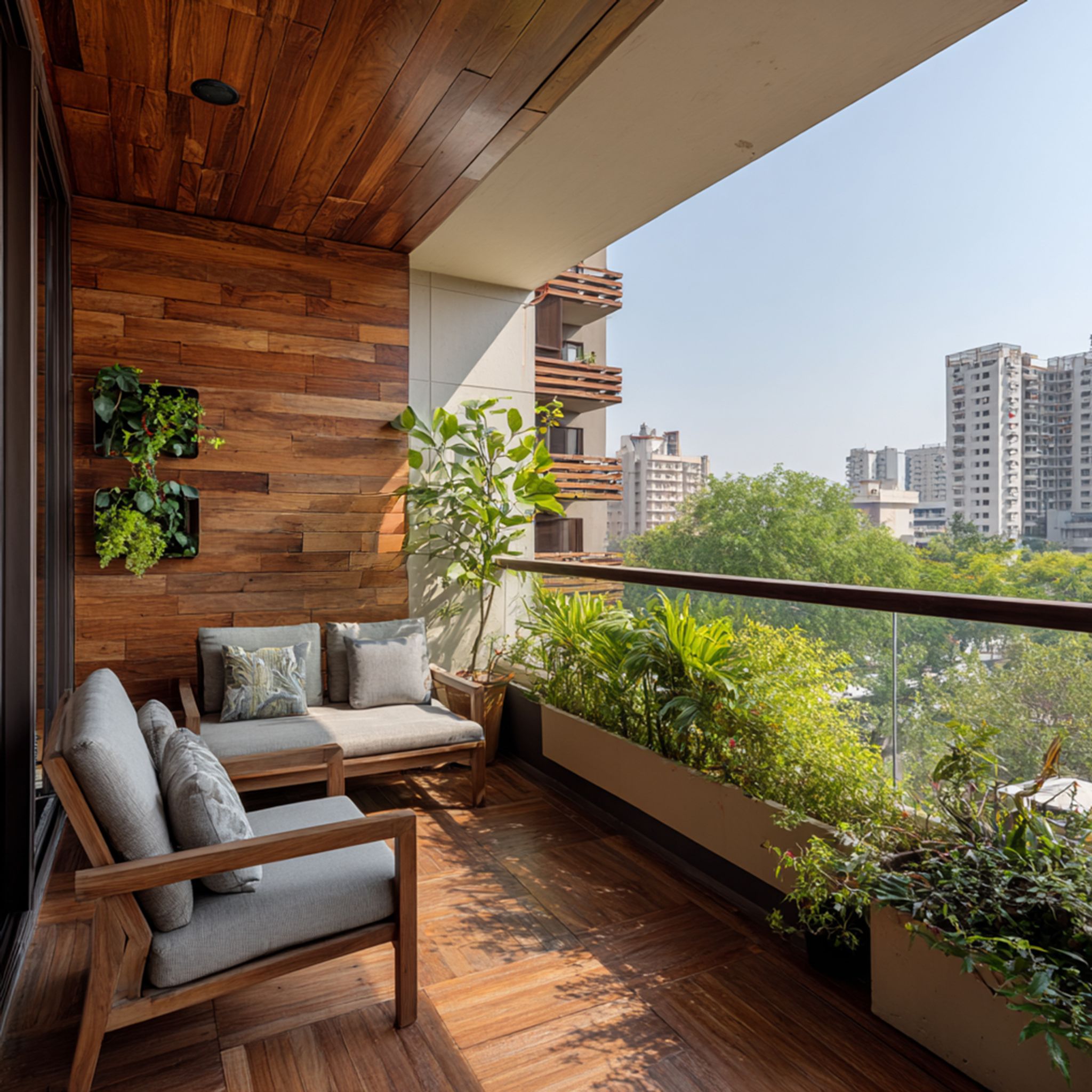 Contemporary Balcony Design with Wood Cladding and Vertical Garden ...
