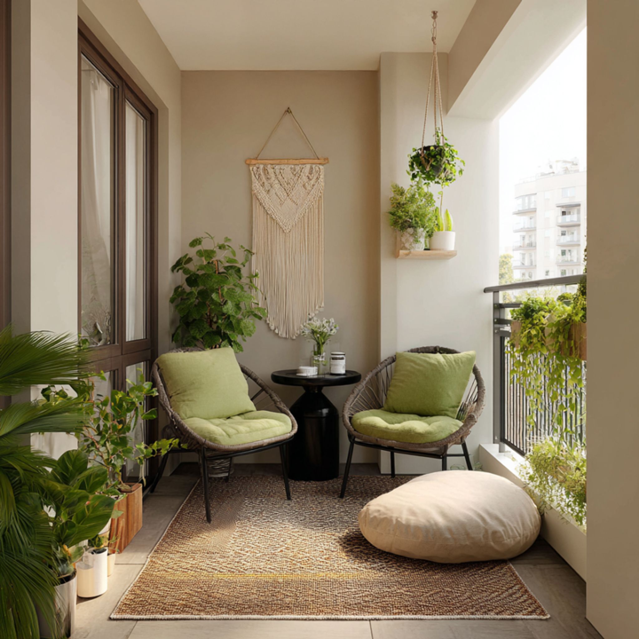 Bohemian Balcony Design with Macramé Decor, Green Cushions and Plant ...