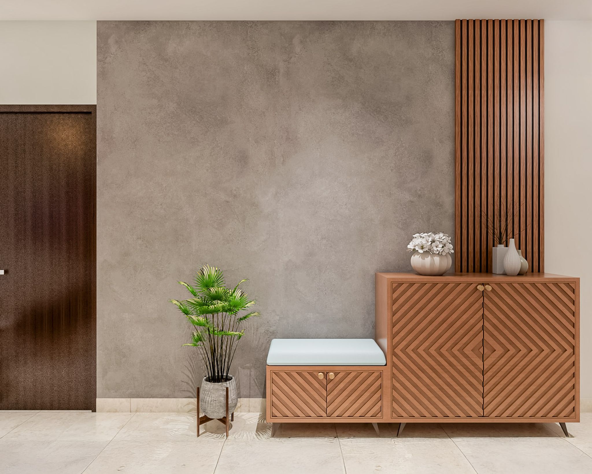 Contemporary Foyer Design in Walnut with Console and Vertical Wooden ...