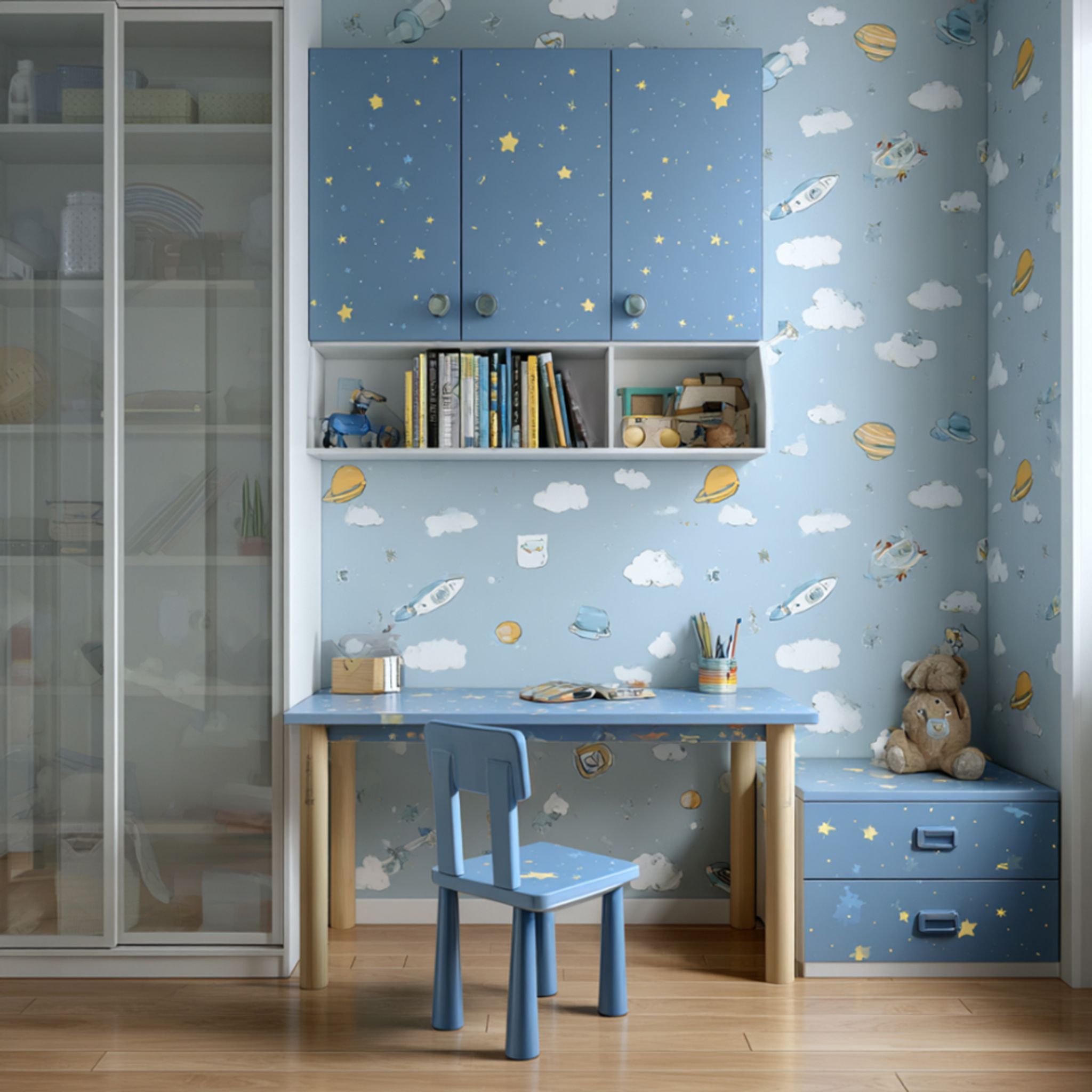 Modern Space Pattern Kids Bedroom Wallpaper Design in Blue and Yellow ...