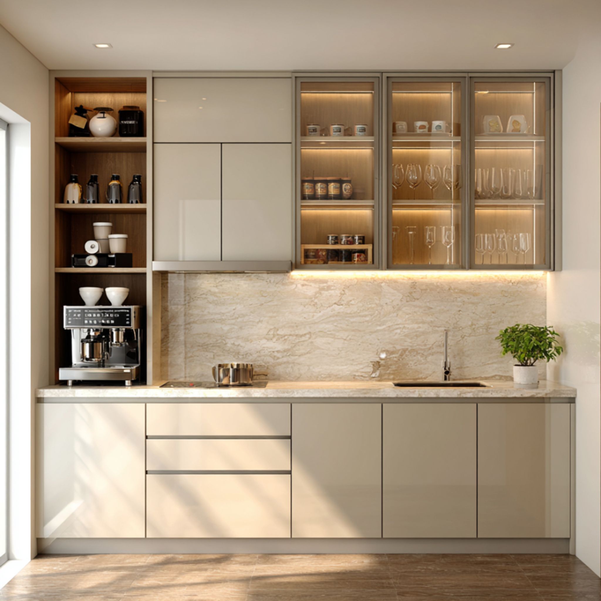 Minimal Open Kitchen Design with Irish Cream and Marble Countertop ...