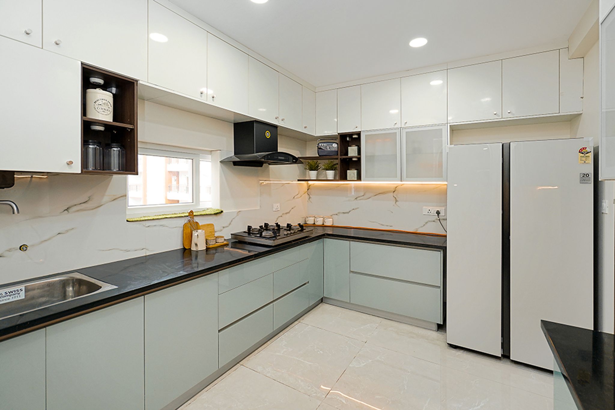 Modern L Shape Kitchen Design in White and Silver with Handle-less Base ...