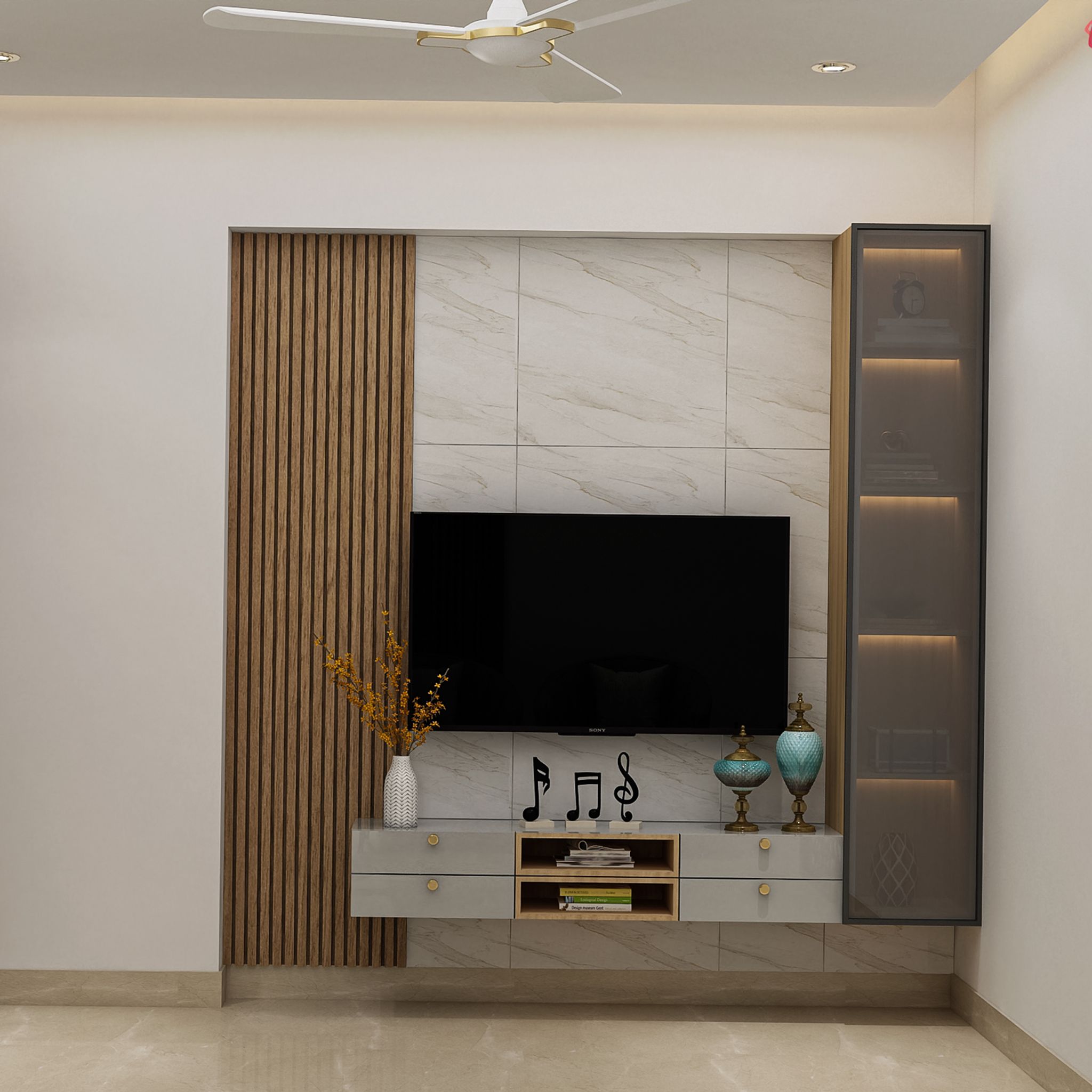 Modern Silver and Teak TV Unit Design with Floating Drawers and Glass ...