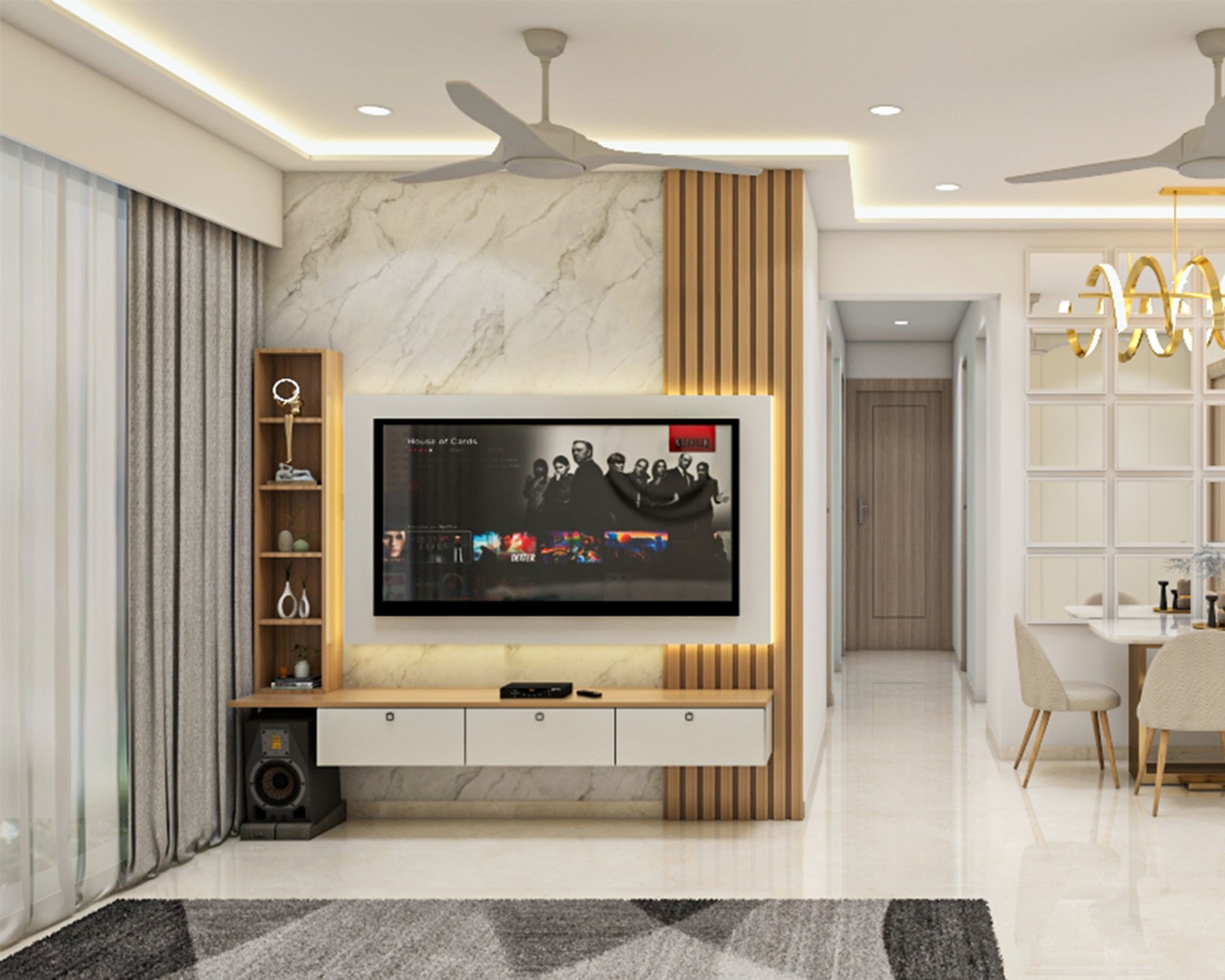TV Unit Design with Contemporary Marble Backdrop, Floating Storage ...