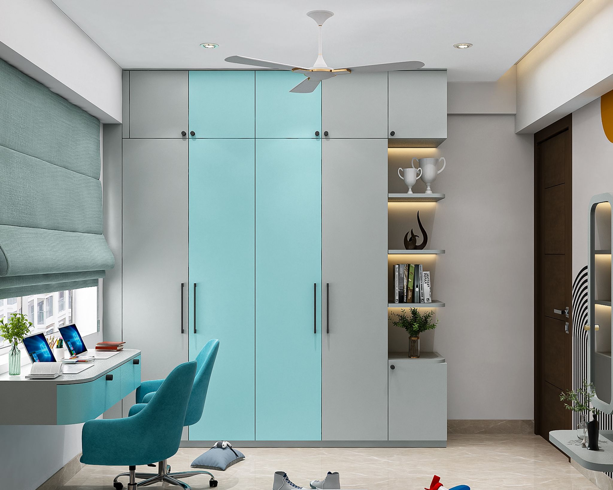 4-Door Modern Swing Wardrobe Design in Silver and Aqua Suede Finish ...