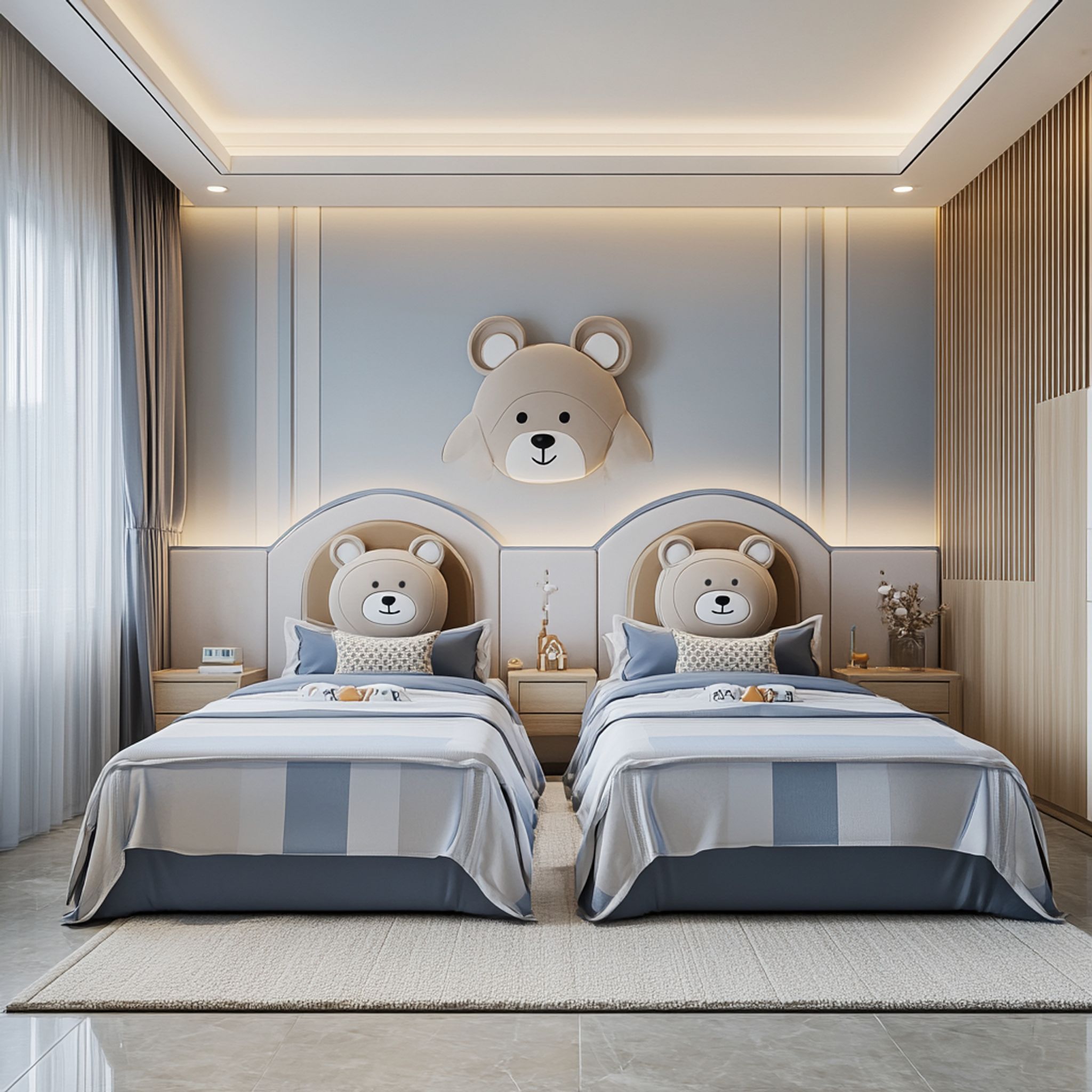 Kids Bedroom Design with Modern Teddy Bear-Themed Design and Twin Beds ...
