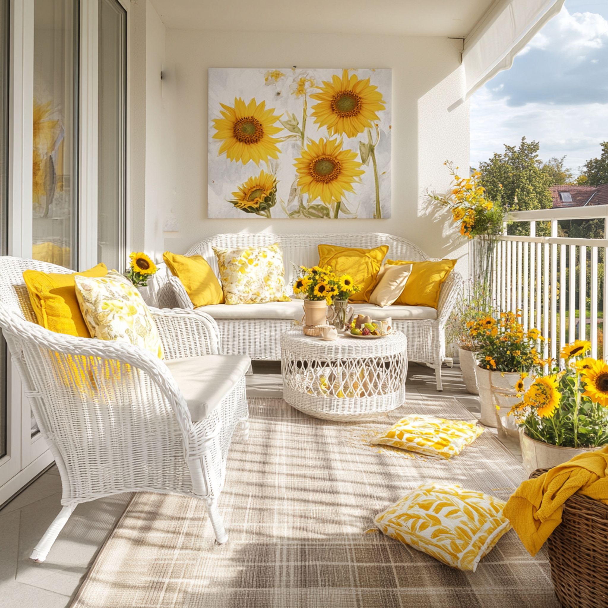 Balcony Design with Modern Wicker Seating and Sunflower Print Wall ...