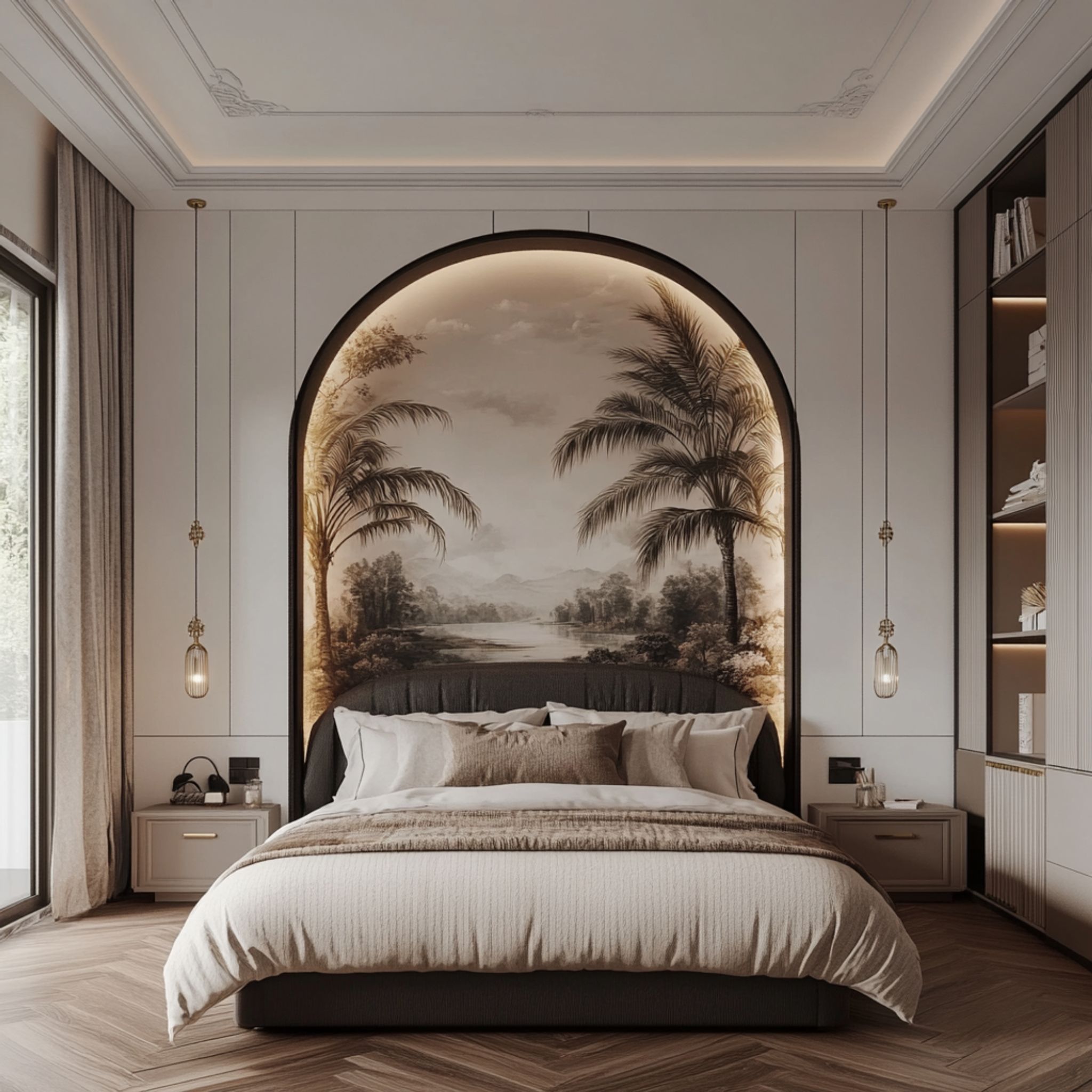 Master Bedroom Design with Classic Grey Upholstered Bed and Wooden ...