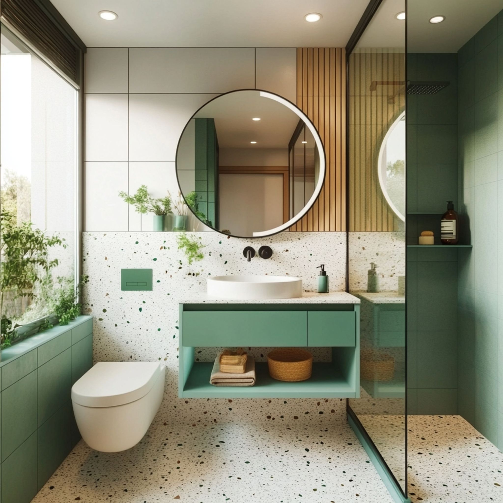 Bathroom Design with Glass Shower, Quartz Countertop, and Modern Vanity Storage | Livspace