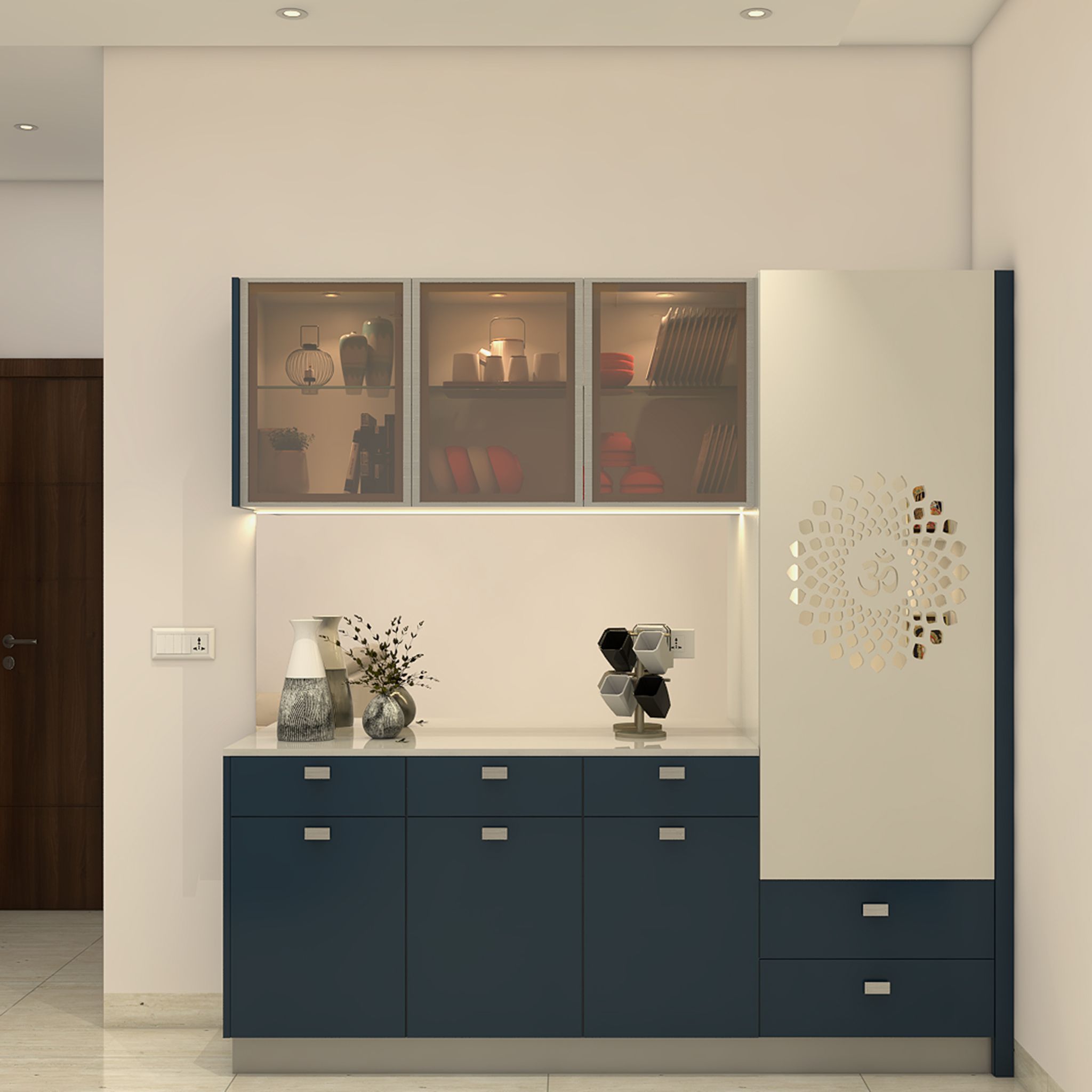 Modern Crockery Unit Design with Glass Shelves and Hidden Storage Niche ...