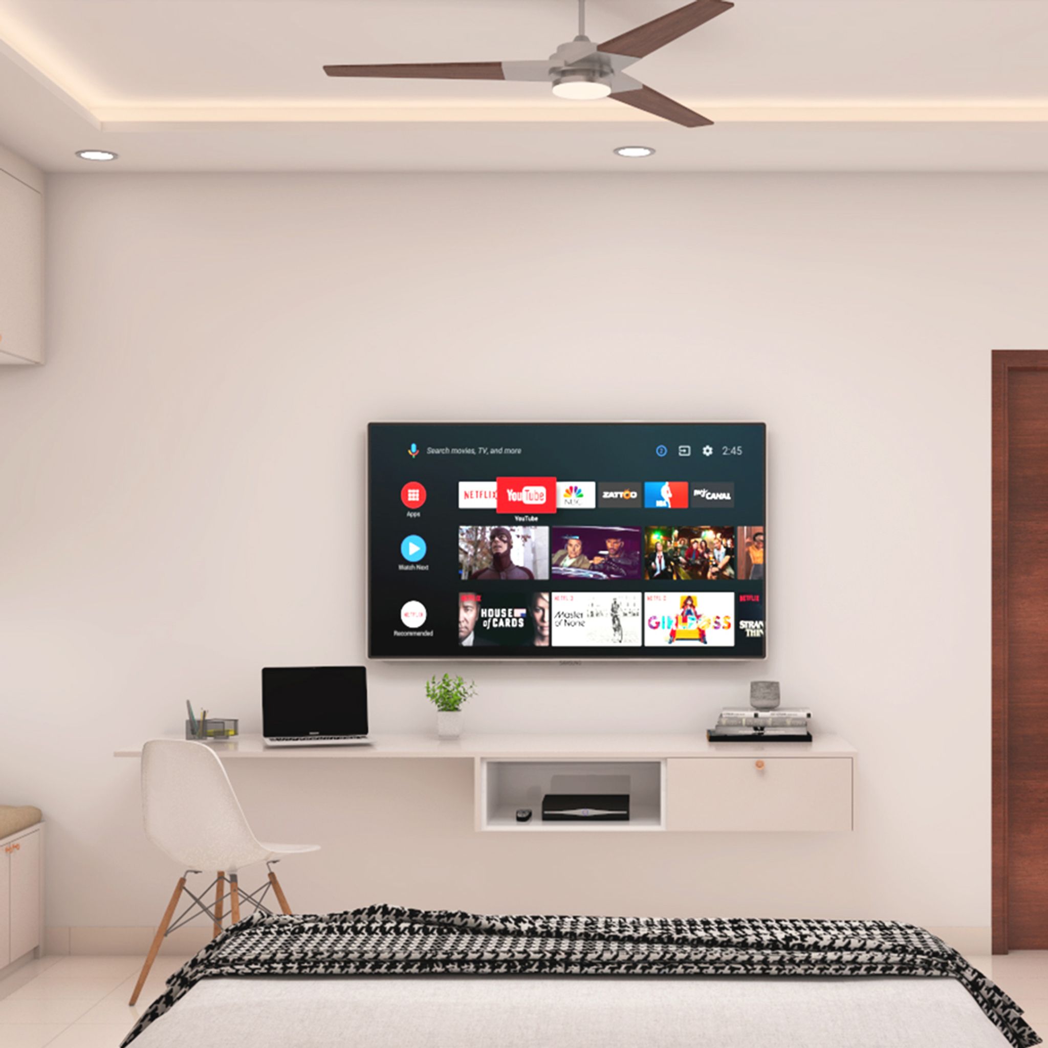 White Minimal TV Unit Design with Floating Bookshelf and Workspace ...