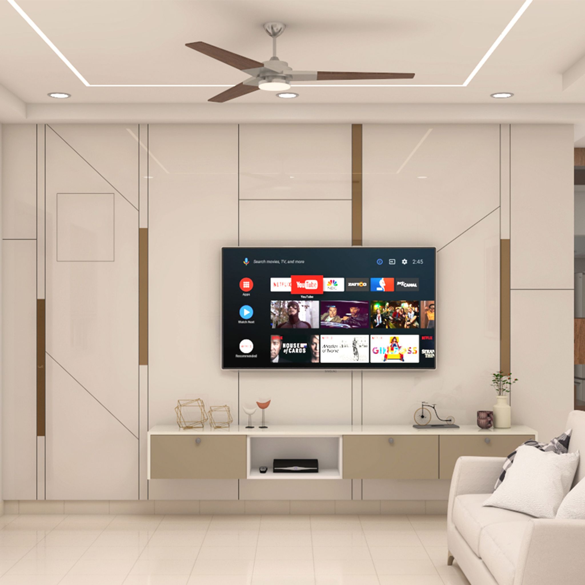 Modern Cream Toned TV Unit Design with Geometric Wall Paneling and ...