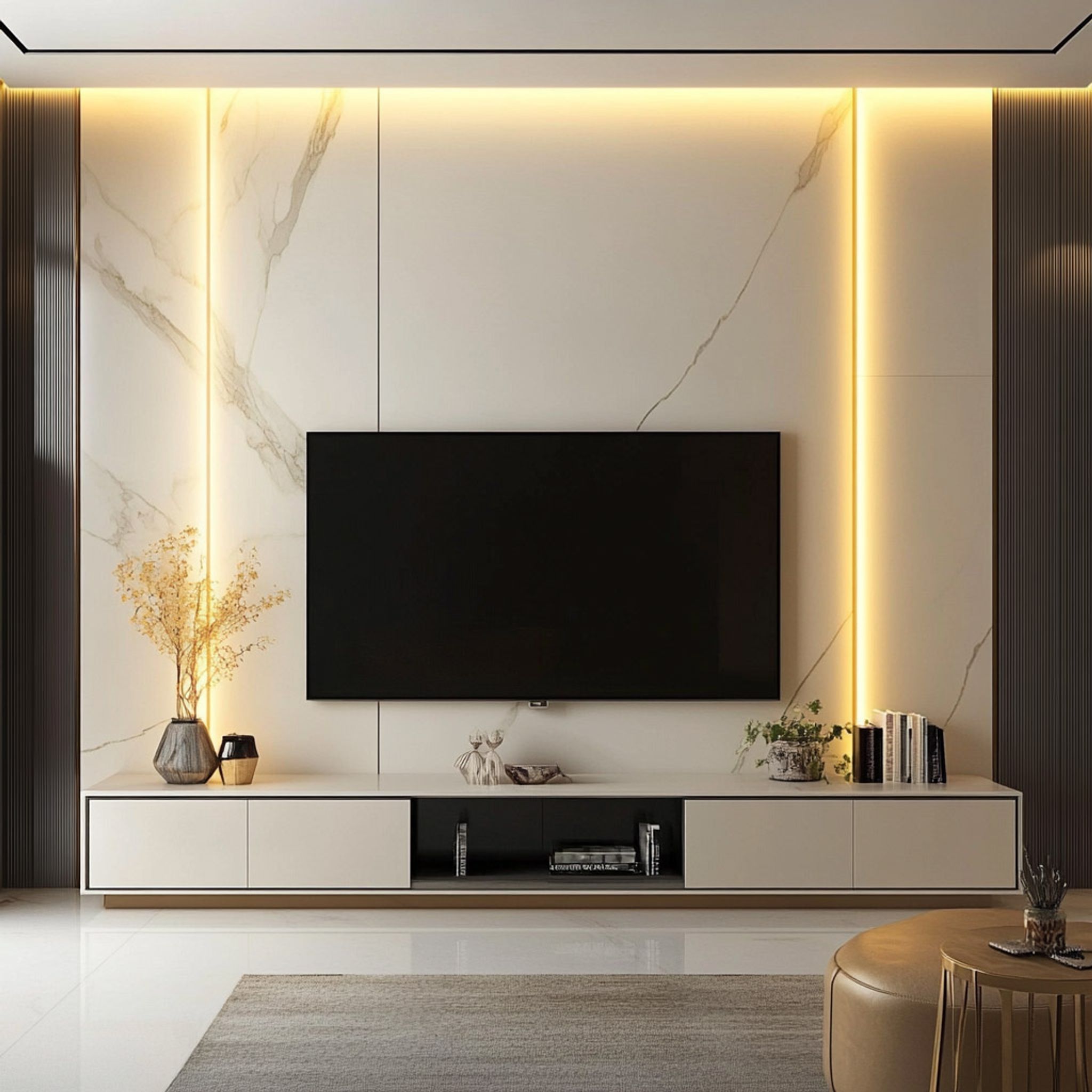 TV Unit Design with Minimal Marble Backdrop, Glossy Finish and LED ...