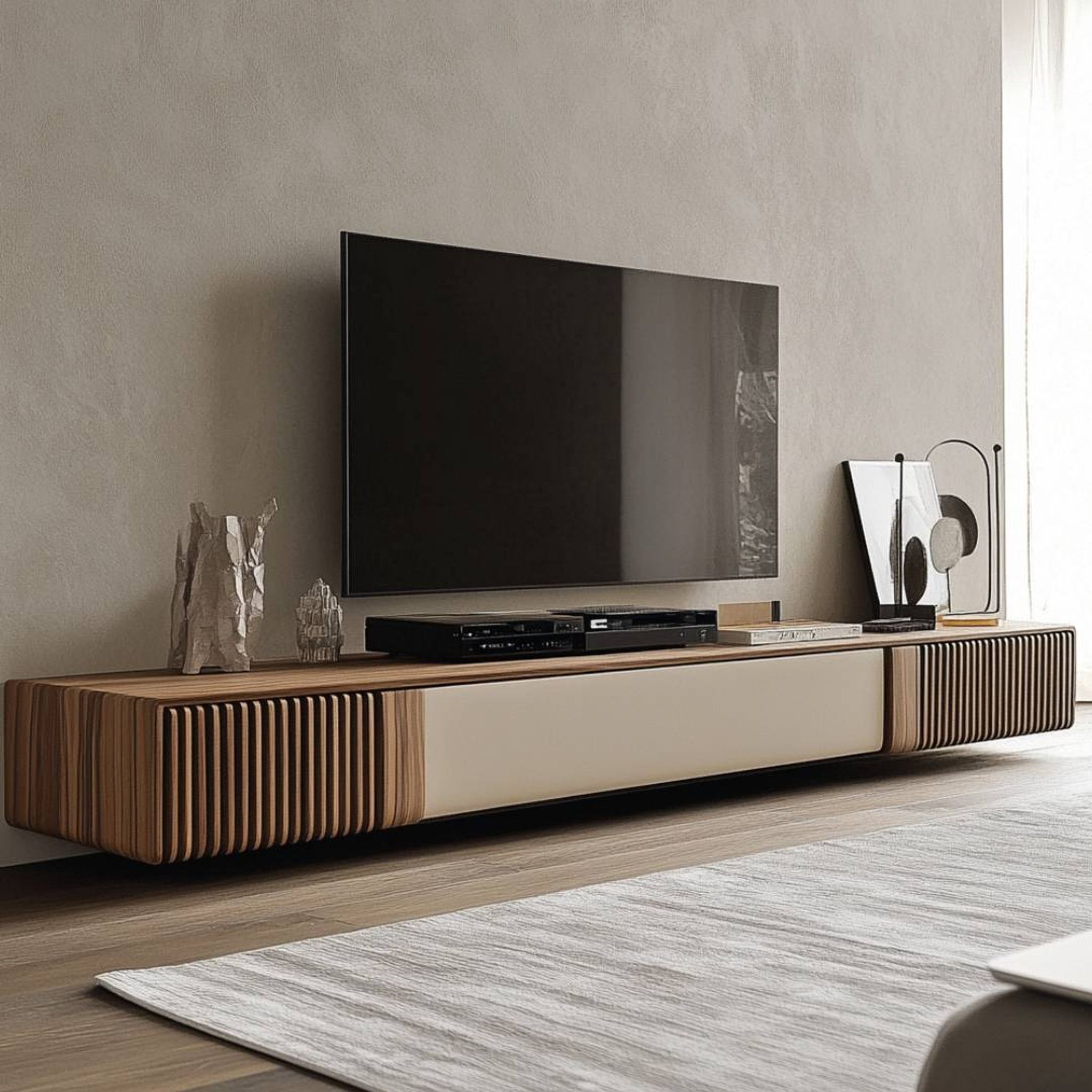 Low Profile Modern TV Unit Design in Brown Suede Finish and Artistic ...