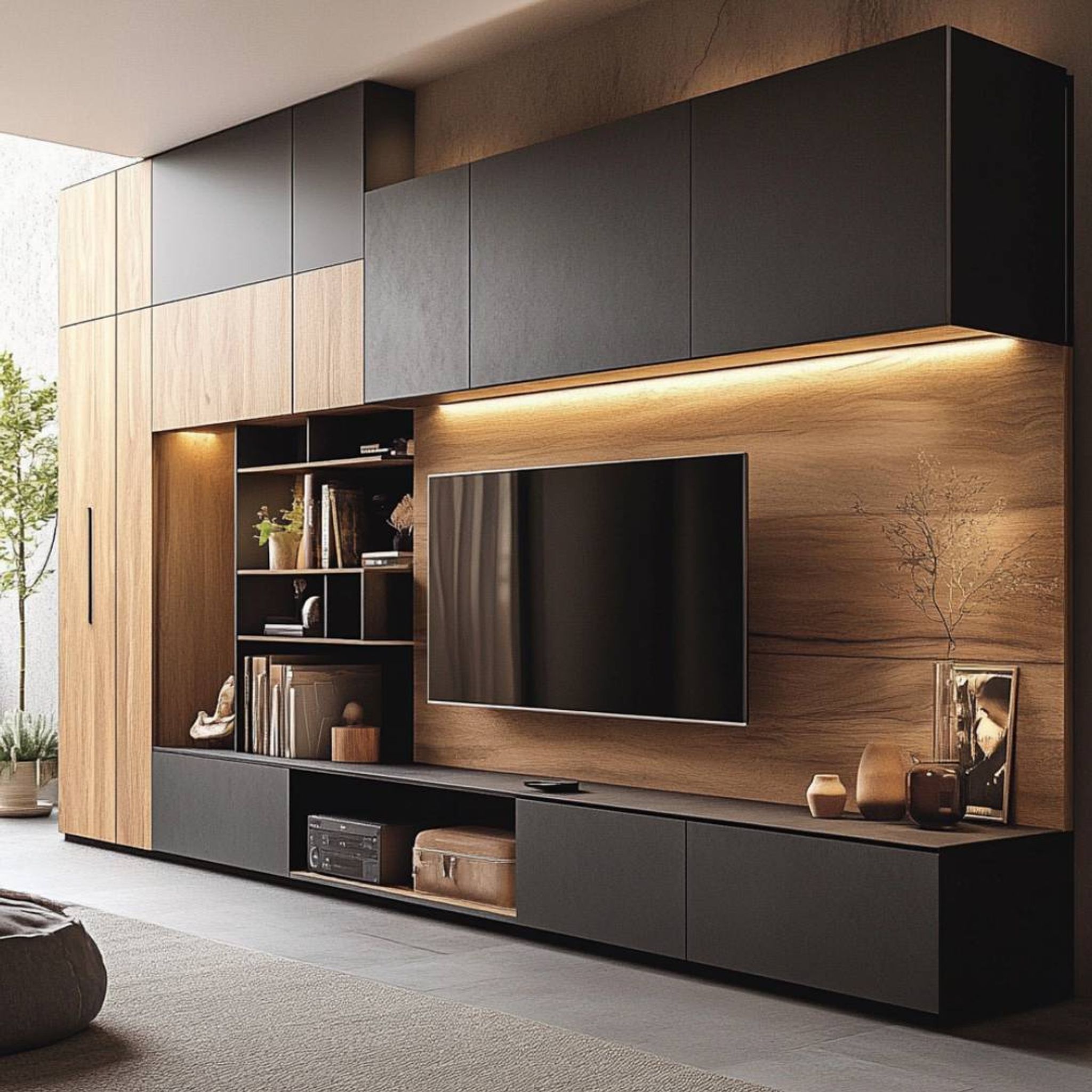 Rustic Tall TV Unit Design with LED Lights in Black and Brown with Open ...