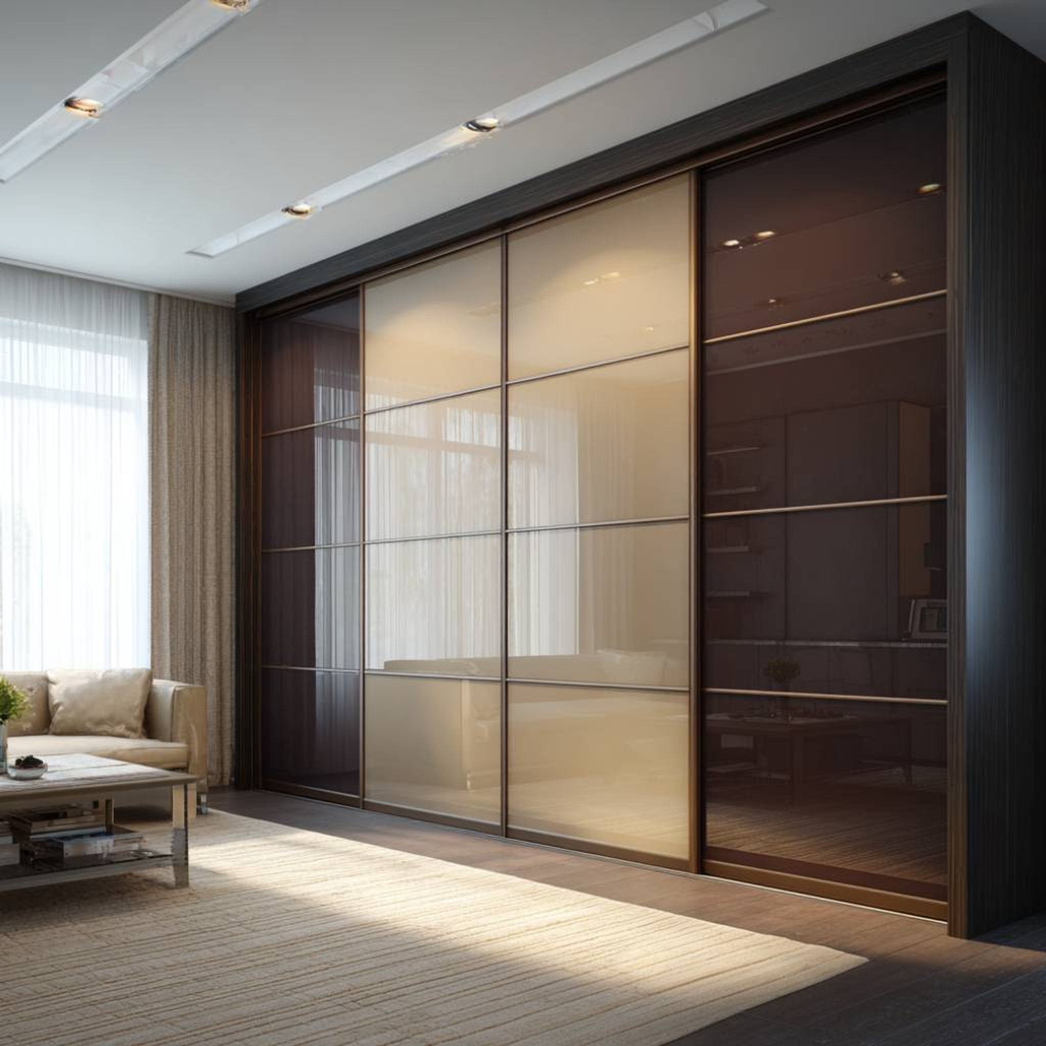 4-Door Sliding Wardrobe Design With Full-Length Lacquered Glass Panels ...