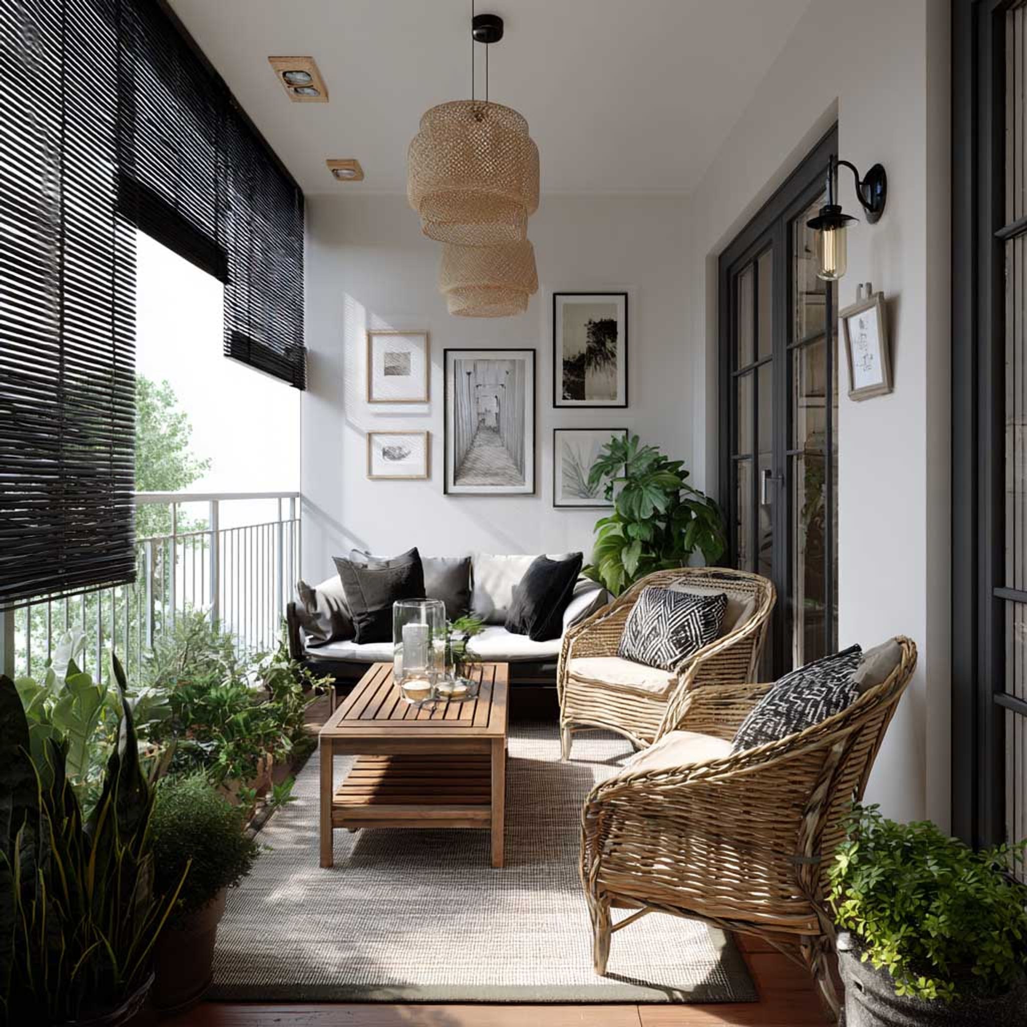 Bohemian Balcony Design with White Walls, Gallery Wall and Natural ...