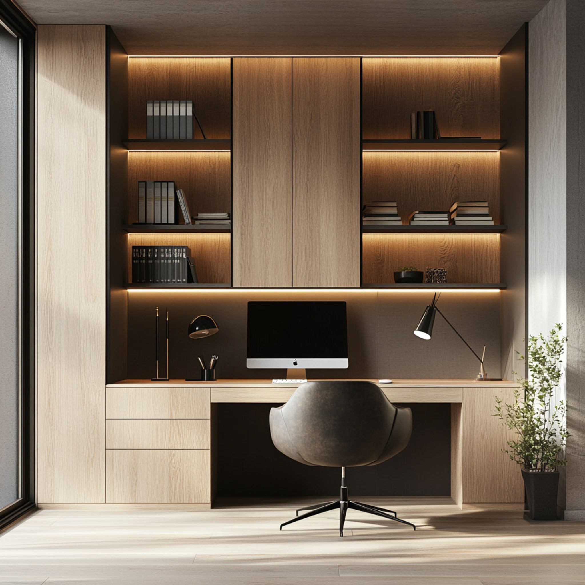 Brown Contemporary Home Office Design with Ergonomic Chair, Wooden Desk ...