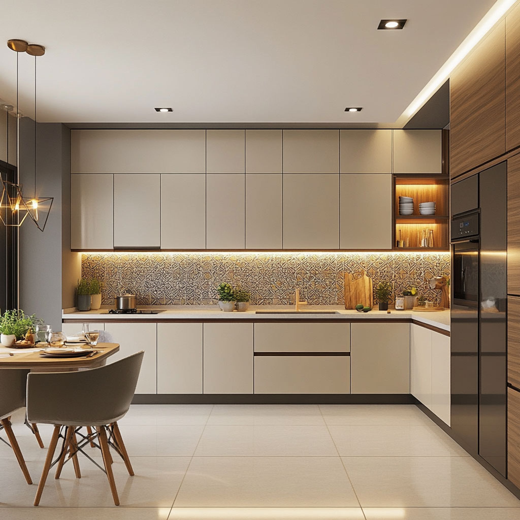Cream and Brown Modern L-Shaped Kitchen Design: Suede Laminate Finish ...