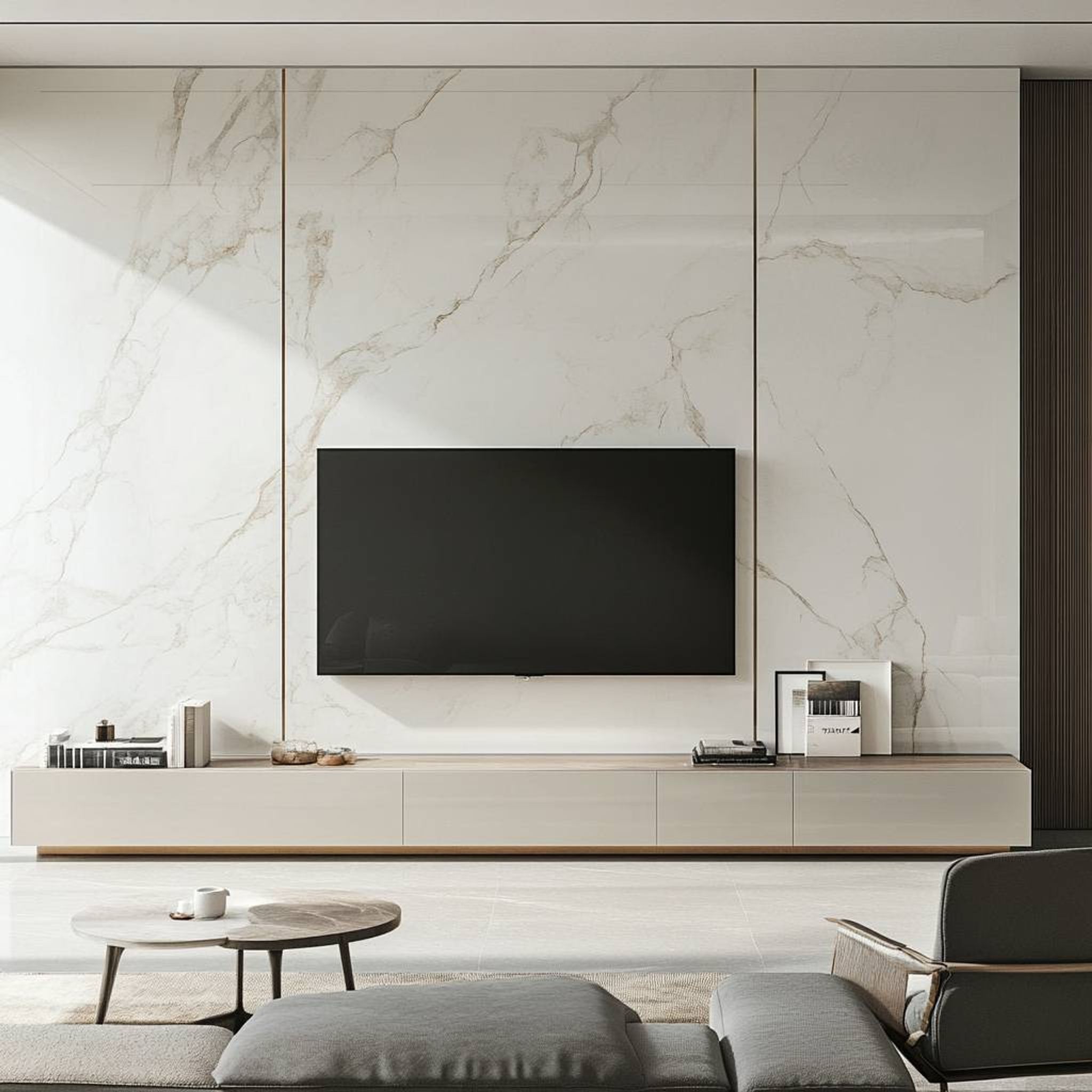 Minimal Beige TV Unit Design with Suede Finish Laminate Shutters and ...