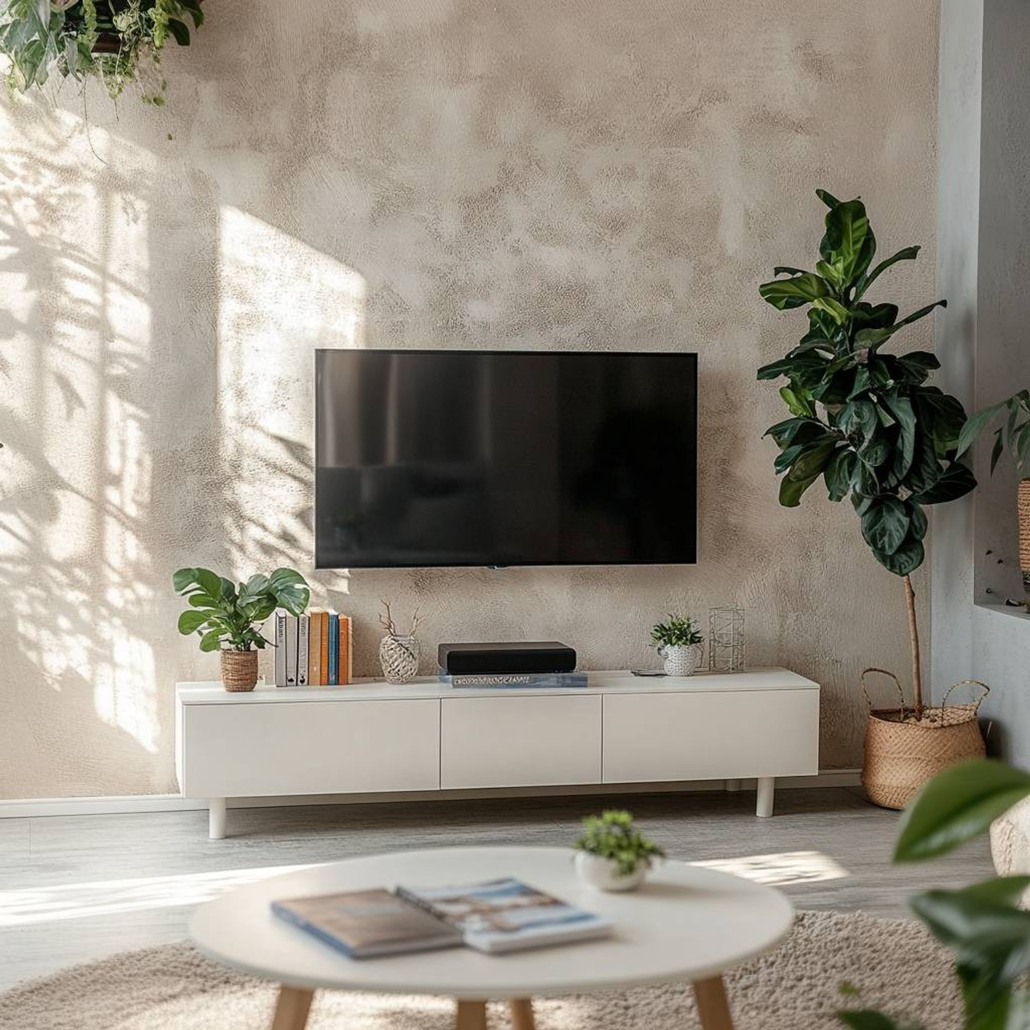 White TV Unit Design with Modern Drawers and Suede Laminate Shutters ...